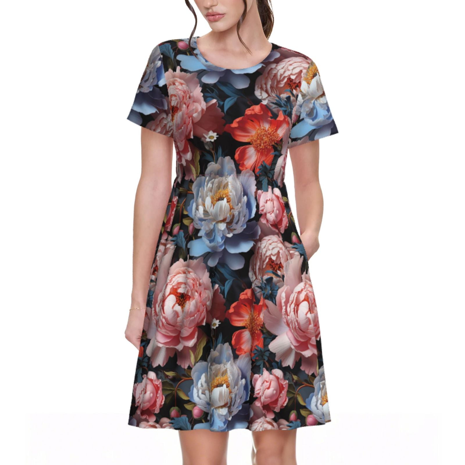 Fotbe Rose Flowers Pattern Dress Casual Womens Fashion Short Sleeve ...