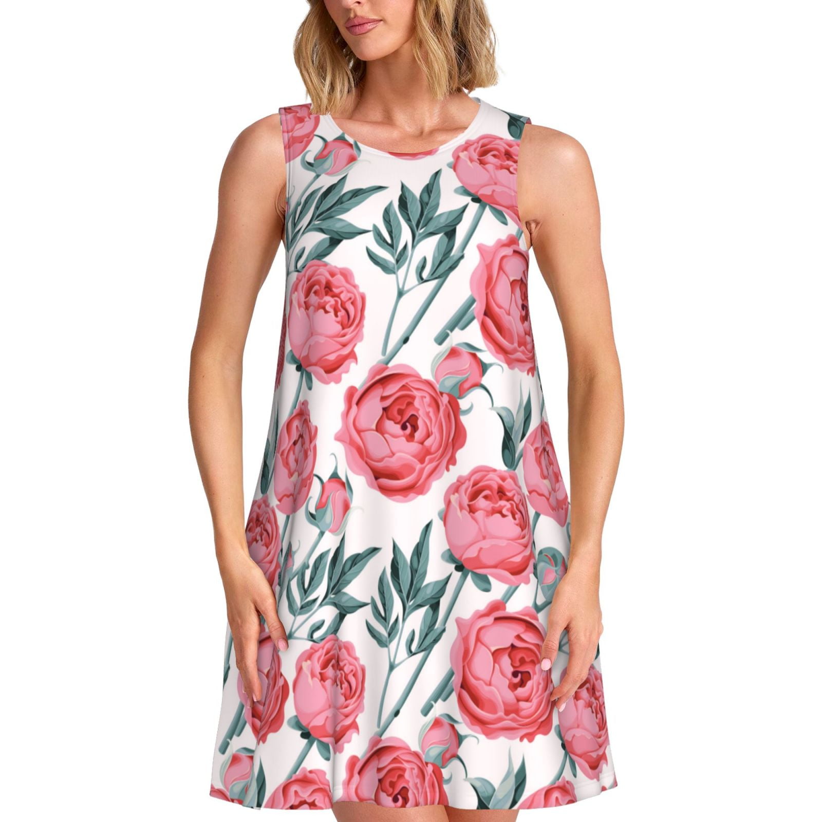 Fotbe Rose Flowers Pattern Women’s Summer Tank Midi Dress – Sleeveless ...
