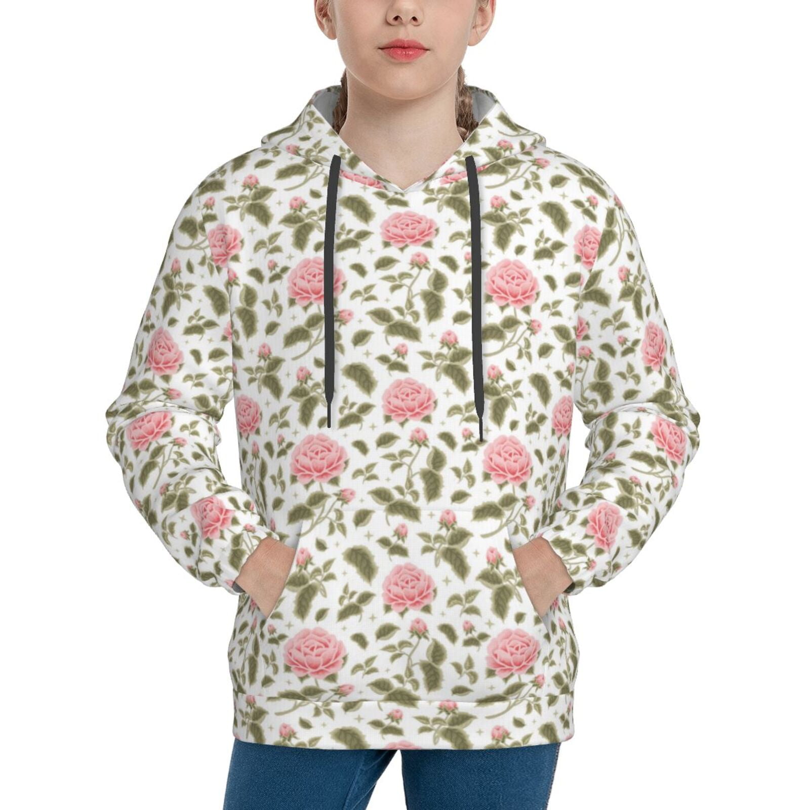Fotbe Rose Flowers Pattern Youth Pullover Hooded Sweatshirt, Boys ...