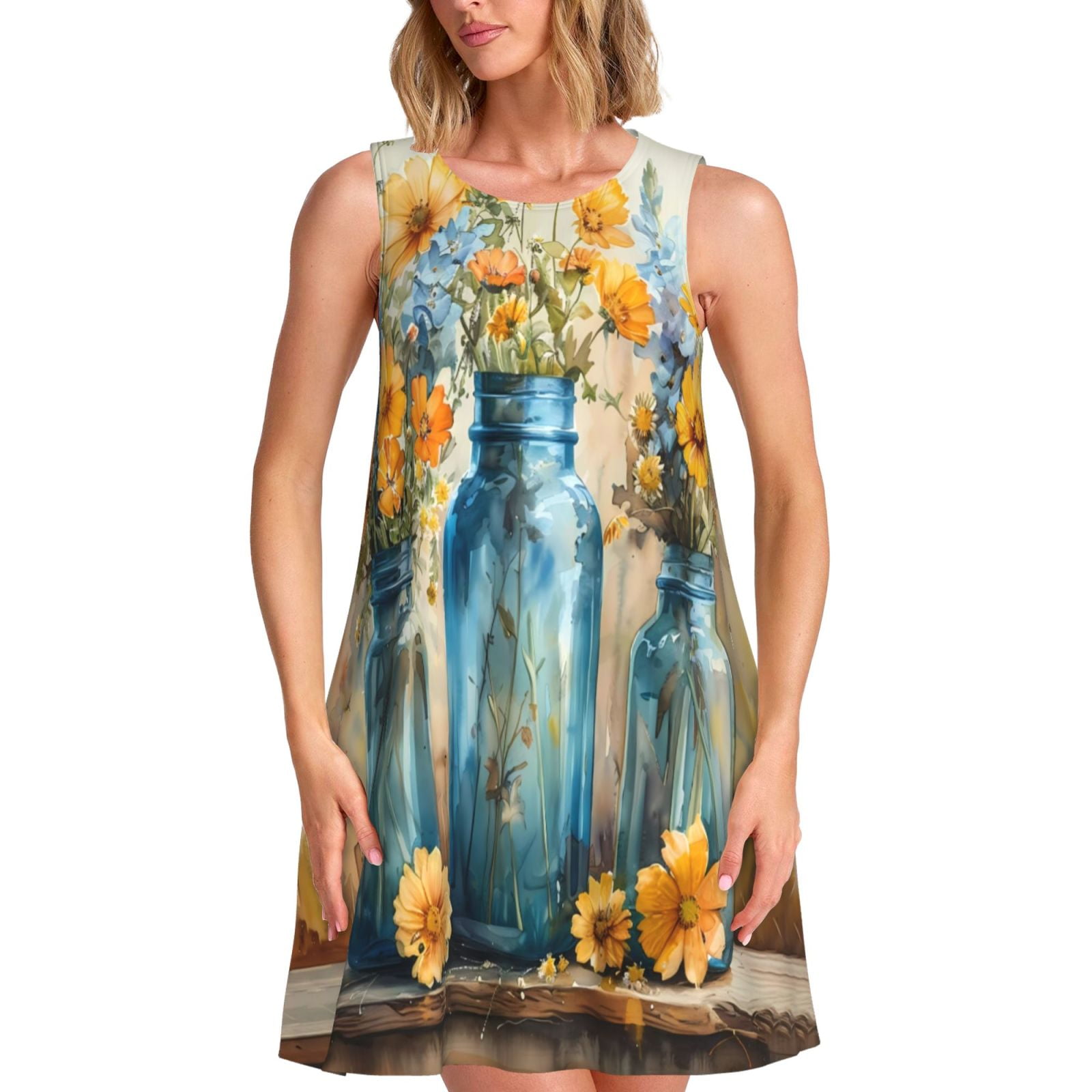 Fotbe Rustic Blue Vase Blossoms Pattern Women’s Summer Tank Midi Dress ...