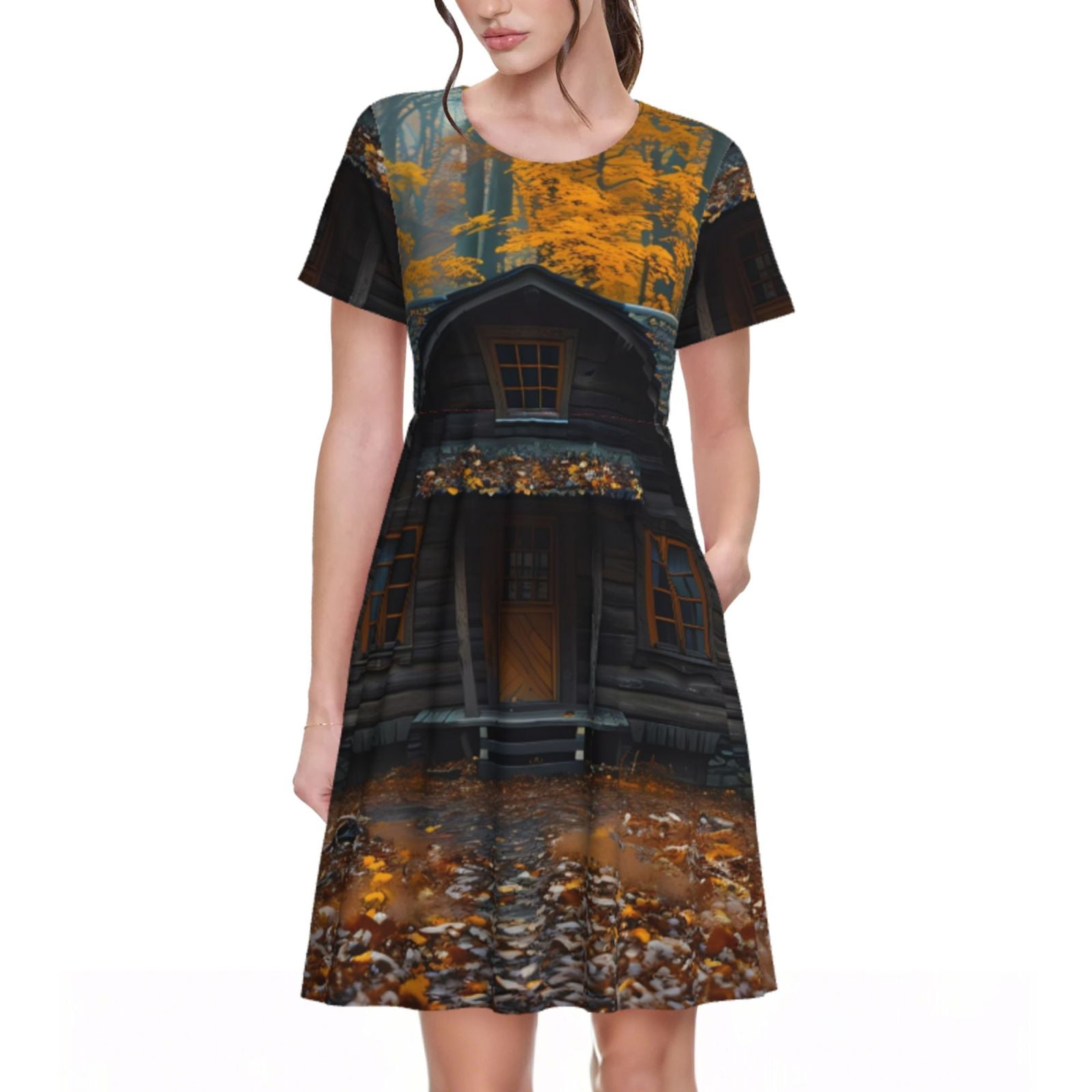 Fotbe Rustic Cabin Autumn Forest Pattern Dress Casual Womens Fashion ...