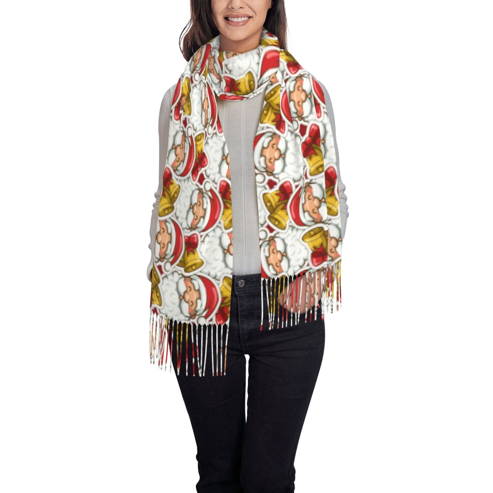 Fotbe Santa Claus bells Print Womens Fall Winter Scarf Tassel Soft Warm ...
