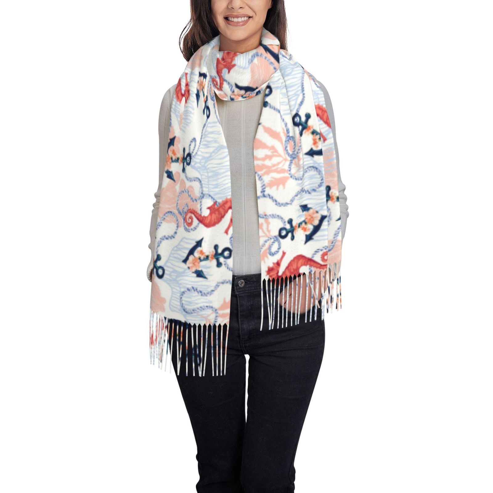 Fotbe Sea Horse And Corals Print Womens Fall Winter Scarf Tassel Soft ...