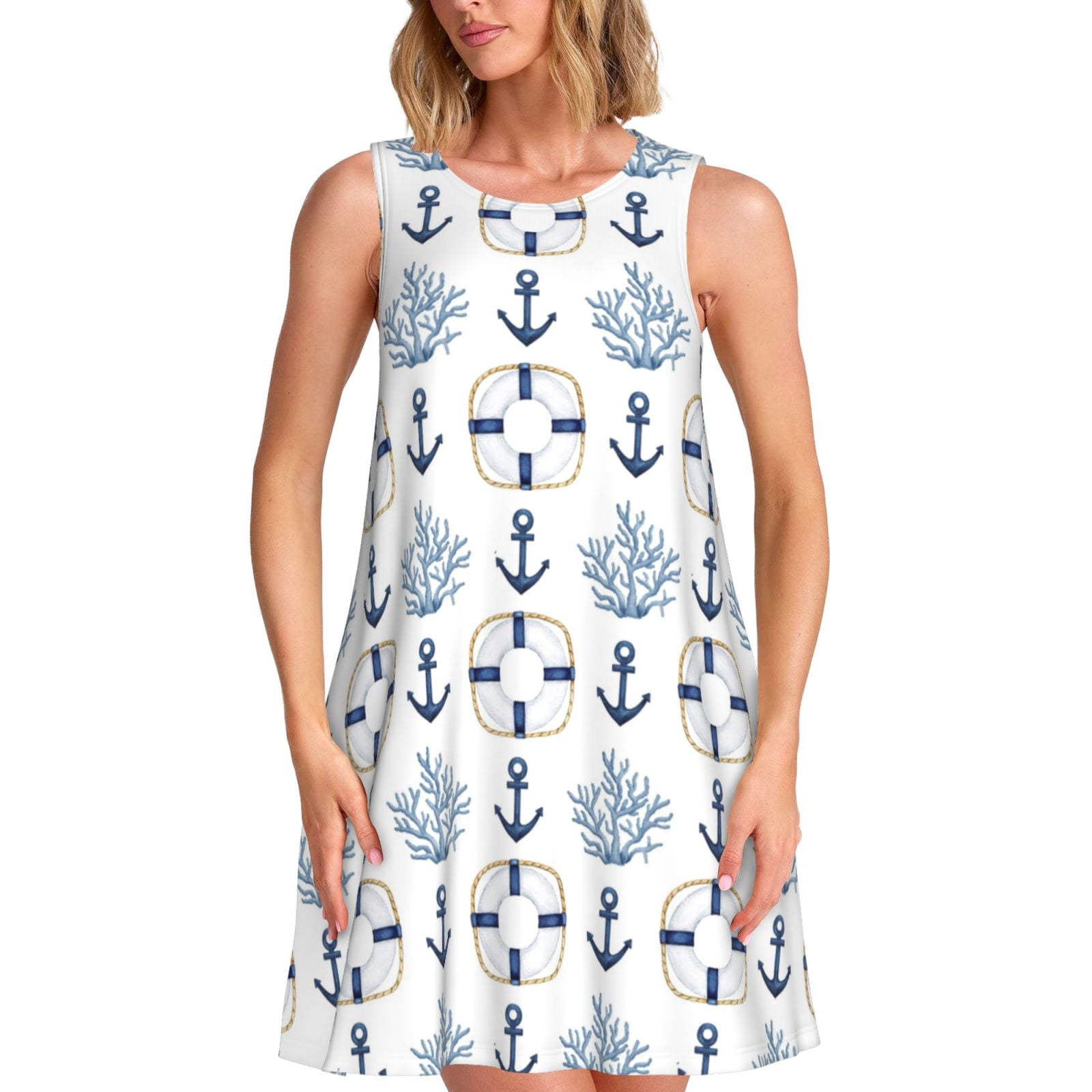 Fotbe Sea Vacations Pattern Women’s Summer Tank Midi Dress – Sleeveless ...