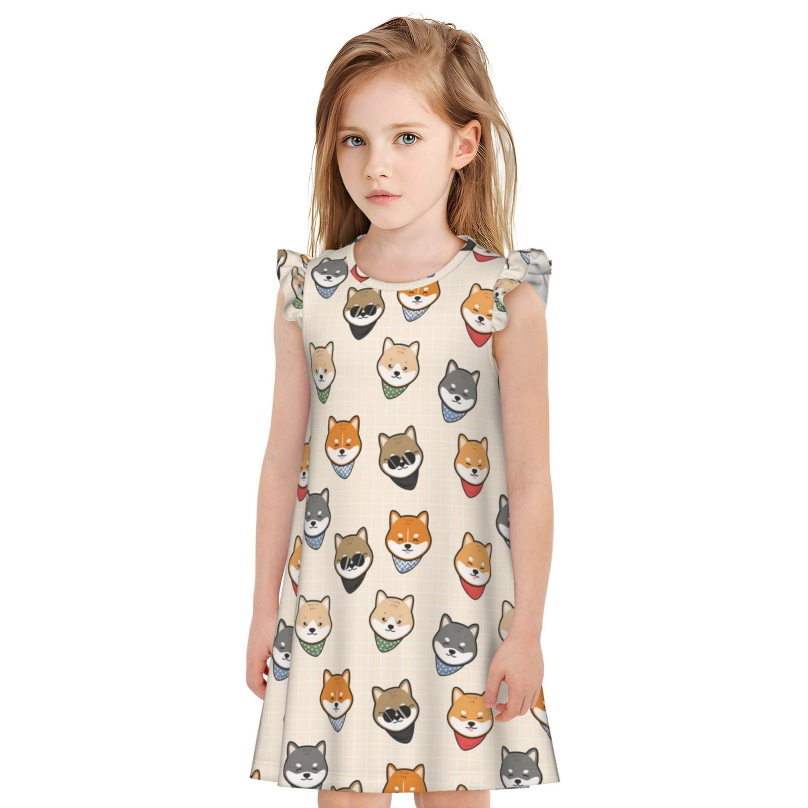 Fotbe Shiba Head Face Pattern Girls Nightgowns 3-10 Years Short Sleeves ...
