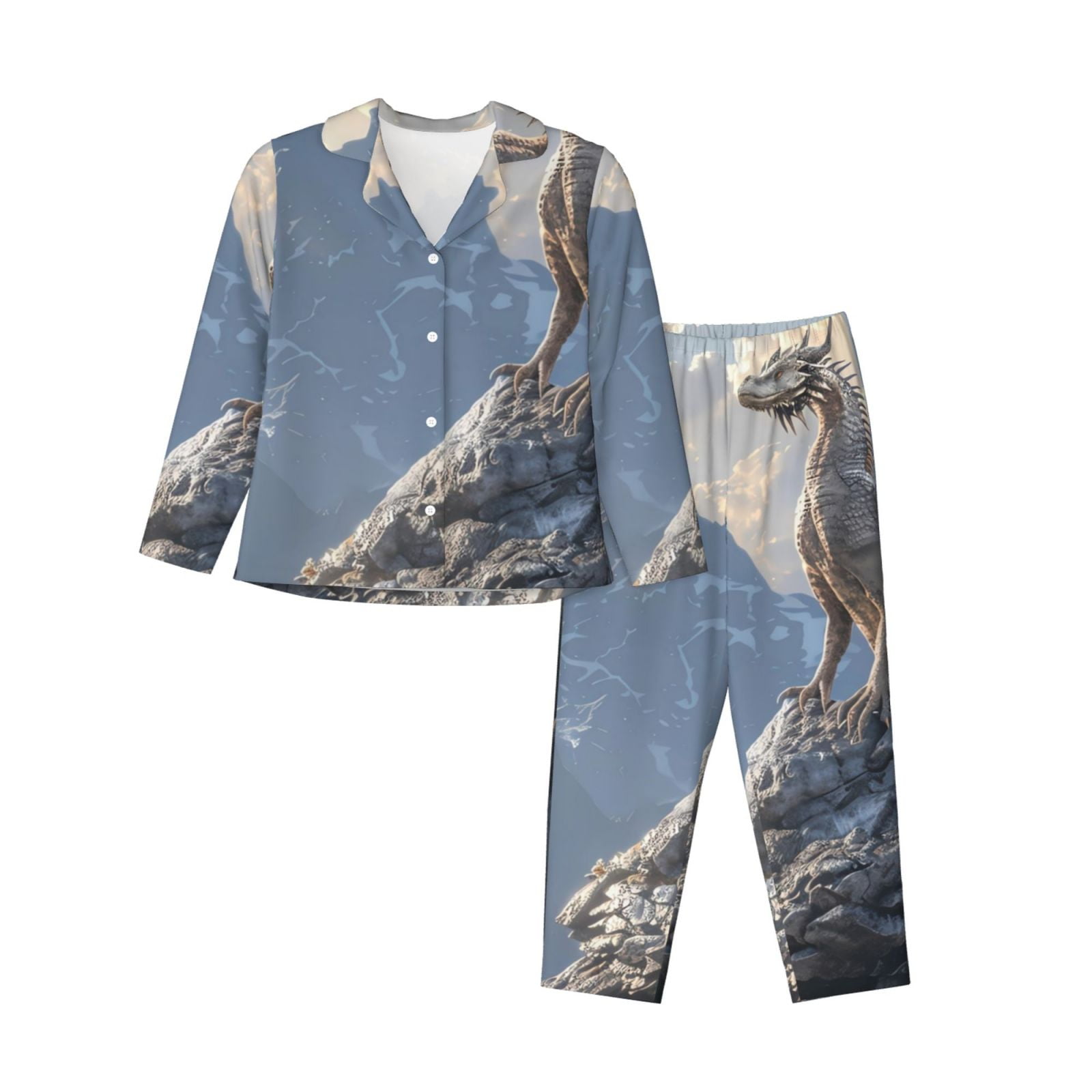 Fotbe Silver Dragon Mountain Peaks Pattern Long Sleeve Pajama Set for ...