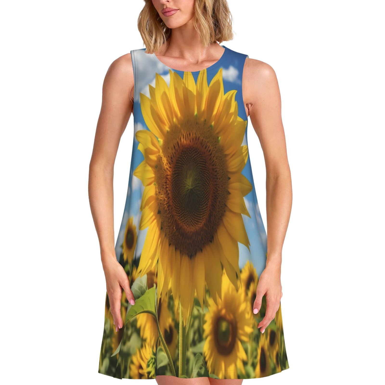 Fotbe Sky Golden Sunflower Field Pattern Women’s Summer Tank Midi Dress ...