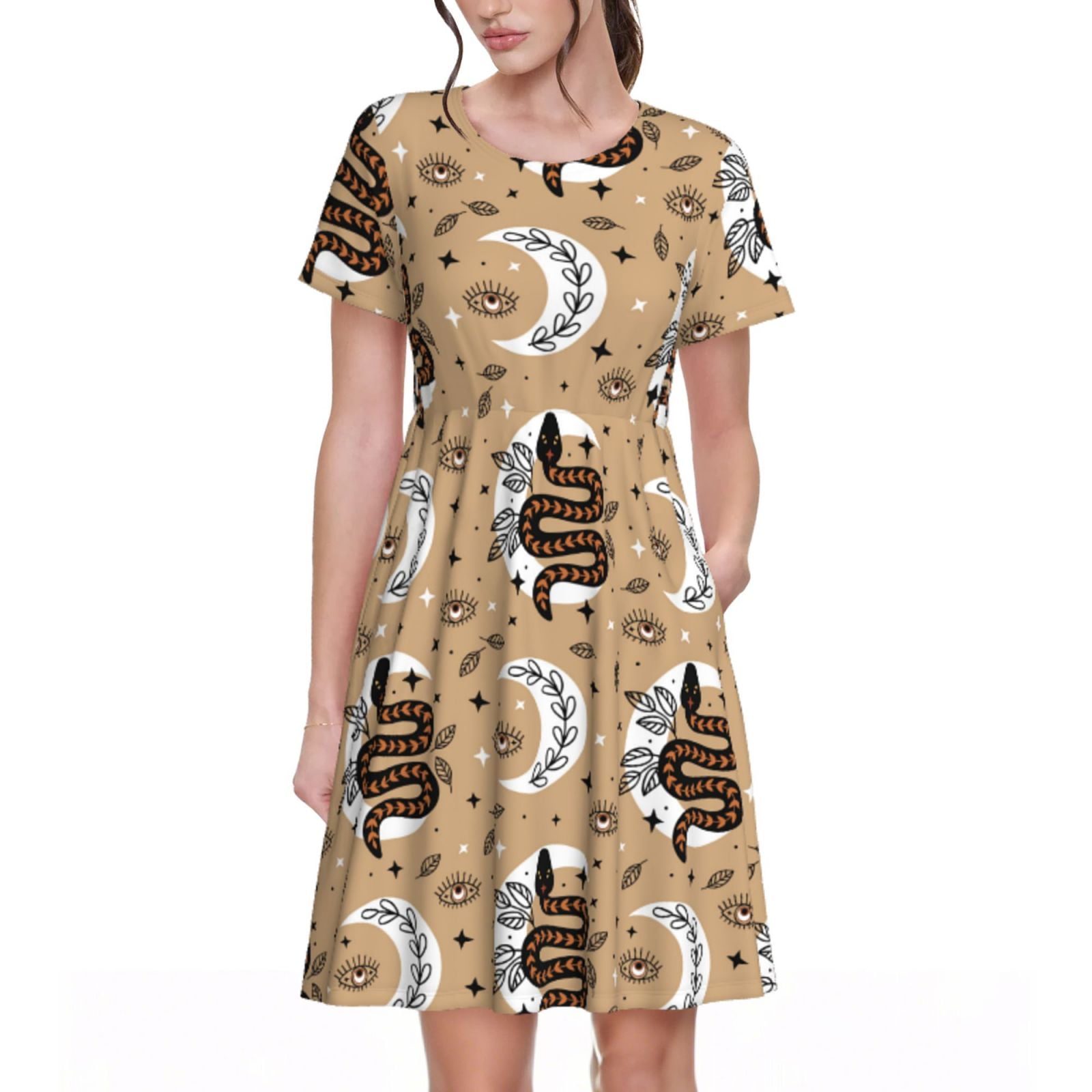 Fotbe Snake And Flower Pattern Dress Casual Womens Fashion Short Sleeve ...