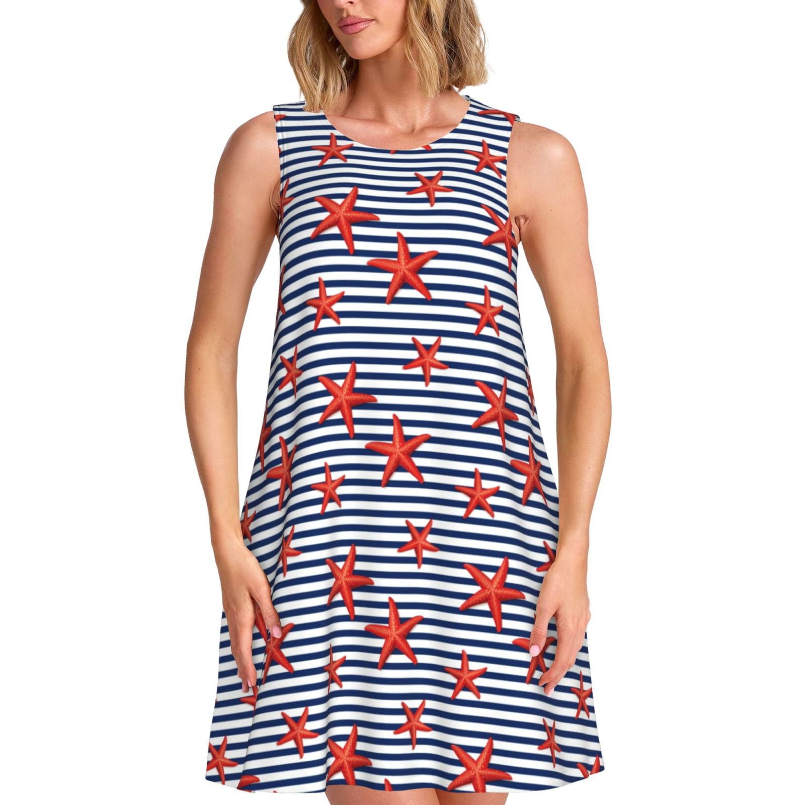 Fotbe Starfish Navy Blue Stripe Pattern Women’s Summer Tank Midi Dress ...