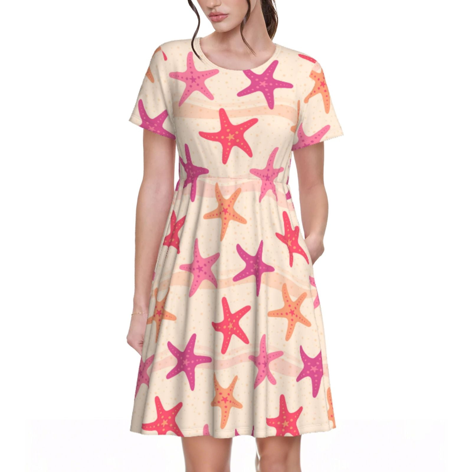 Fotbe Starfish Pattern Dress Casual Womens Fashion Short Sleeve Maxi ...
