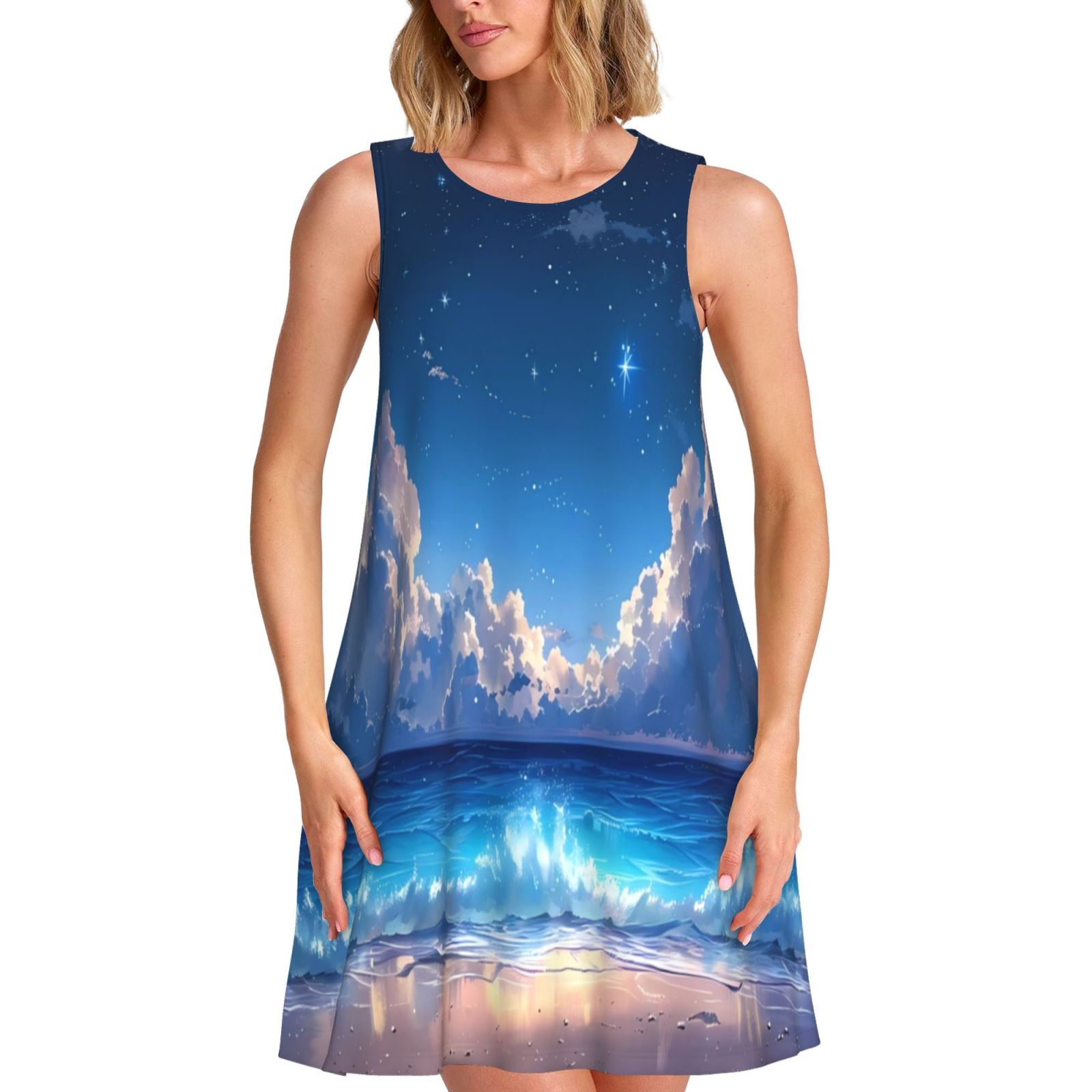 Fotbe Starry Night Ocean View Pattern Women’s Summer Tank Midi Dress ...