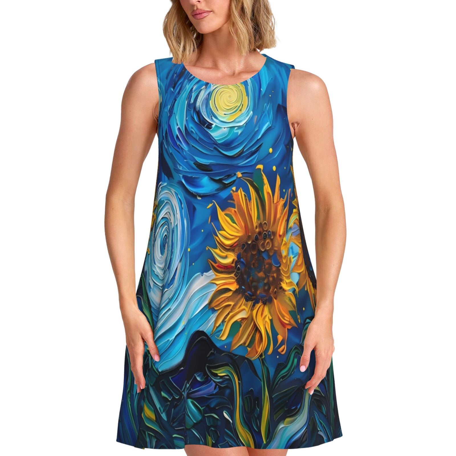 Fotbe Starry Night Sunflower Field Pattern Women’s Summer Tank Midi ...