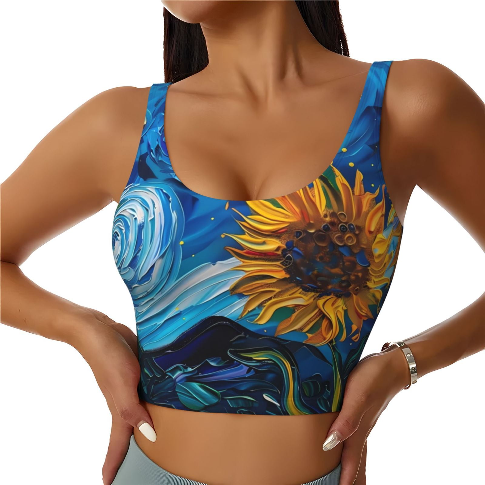 Fotbe Starry Night Sunflower Field Pattern Womens' Sports Bra Longline Wirefree Padded with ...