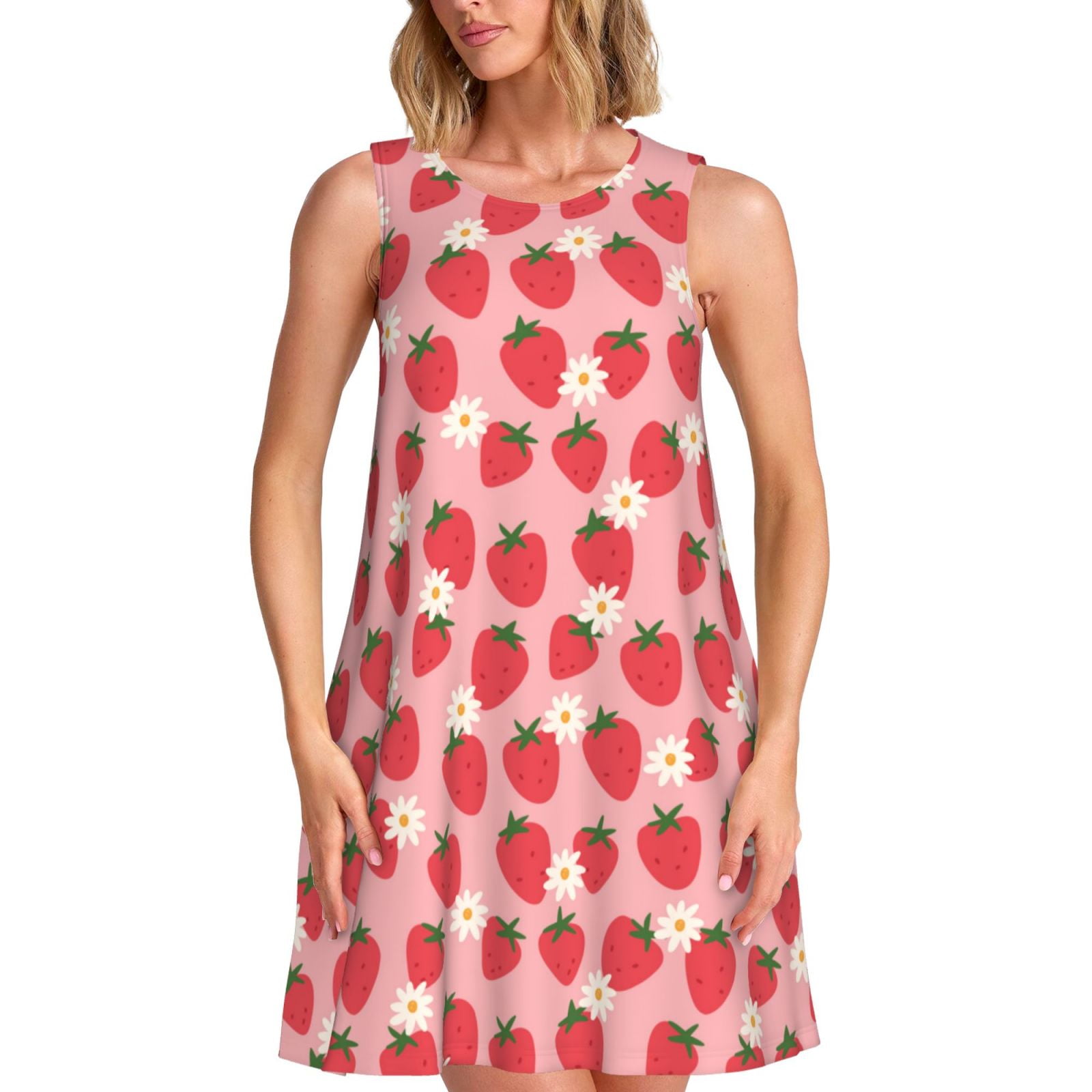 Fotbe Strawberry And Flowers Pattern Women’s Summer Tank Midi Dress ...