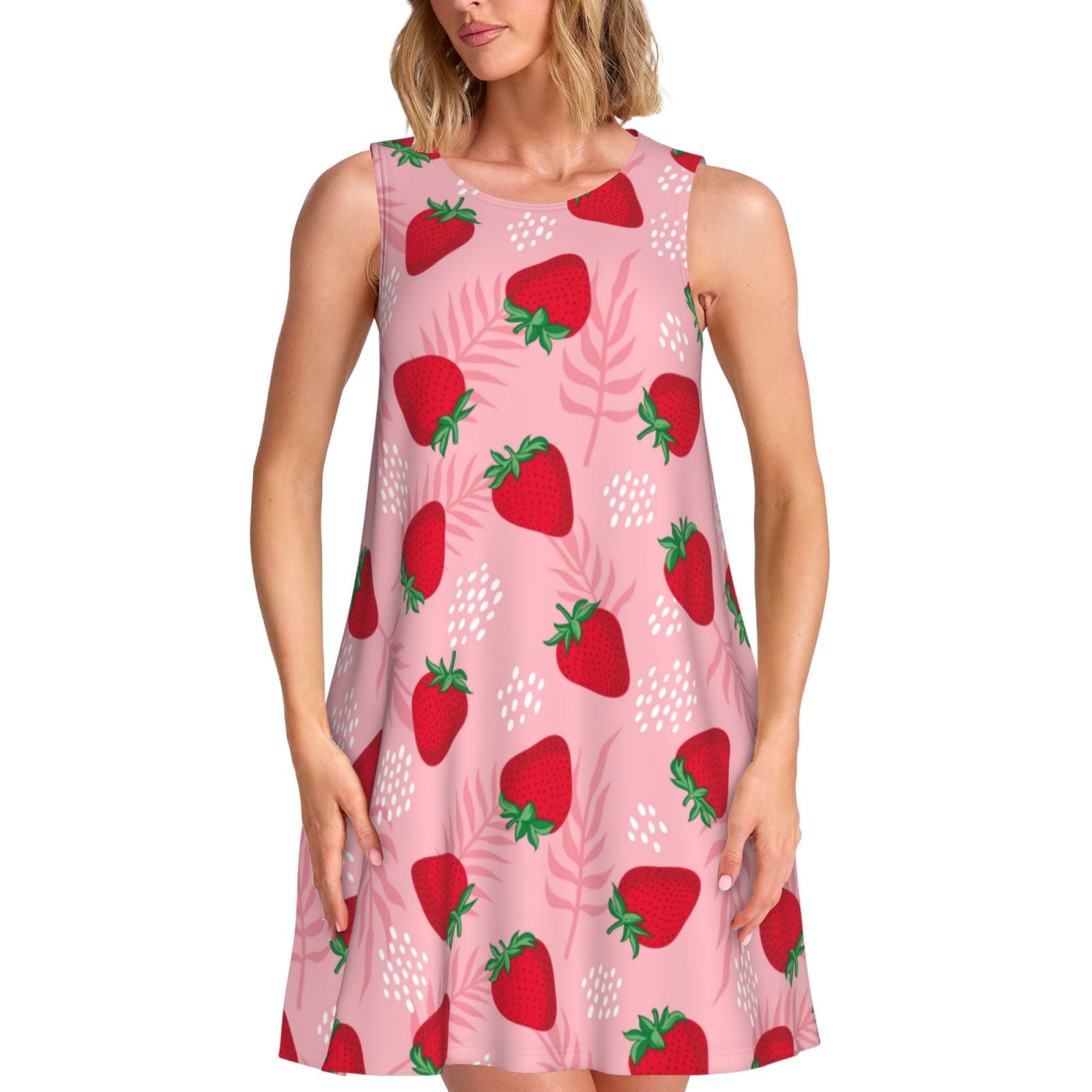 Fotbe Strawberry Pattern Women’s Summer Tank Midi Dress – Sleeveless A ...