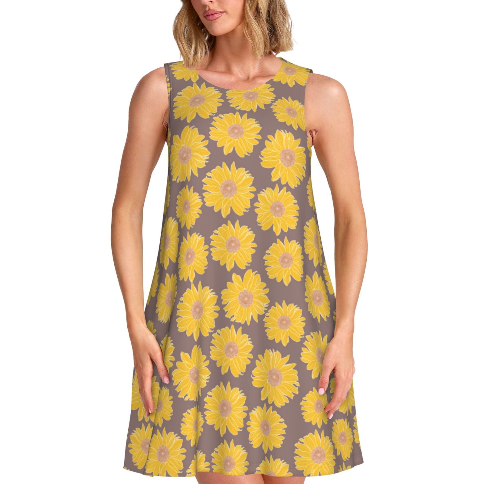 Fotbe Sunflower Pattern Women’s Summer Tank Midi Dress – Sleeveless A ...