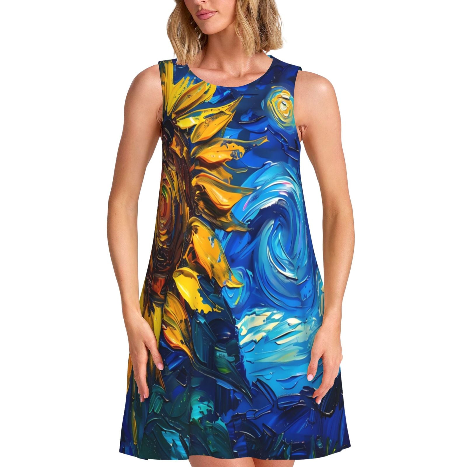 Fotbe Sunflower Starry Night Vibes Pattern Women’s Summer Tank Midi ...
