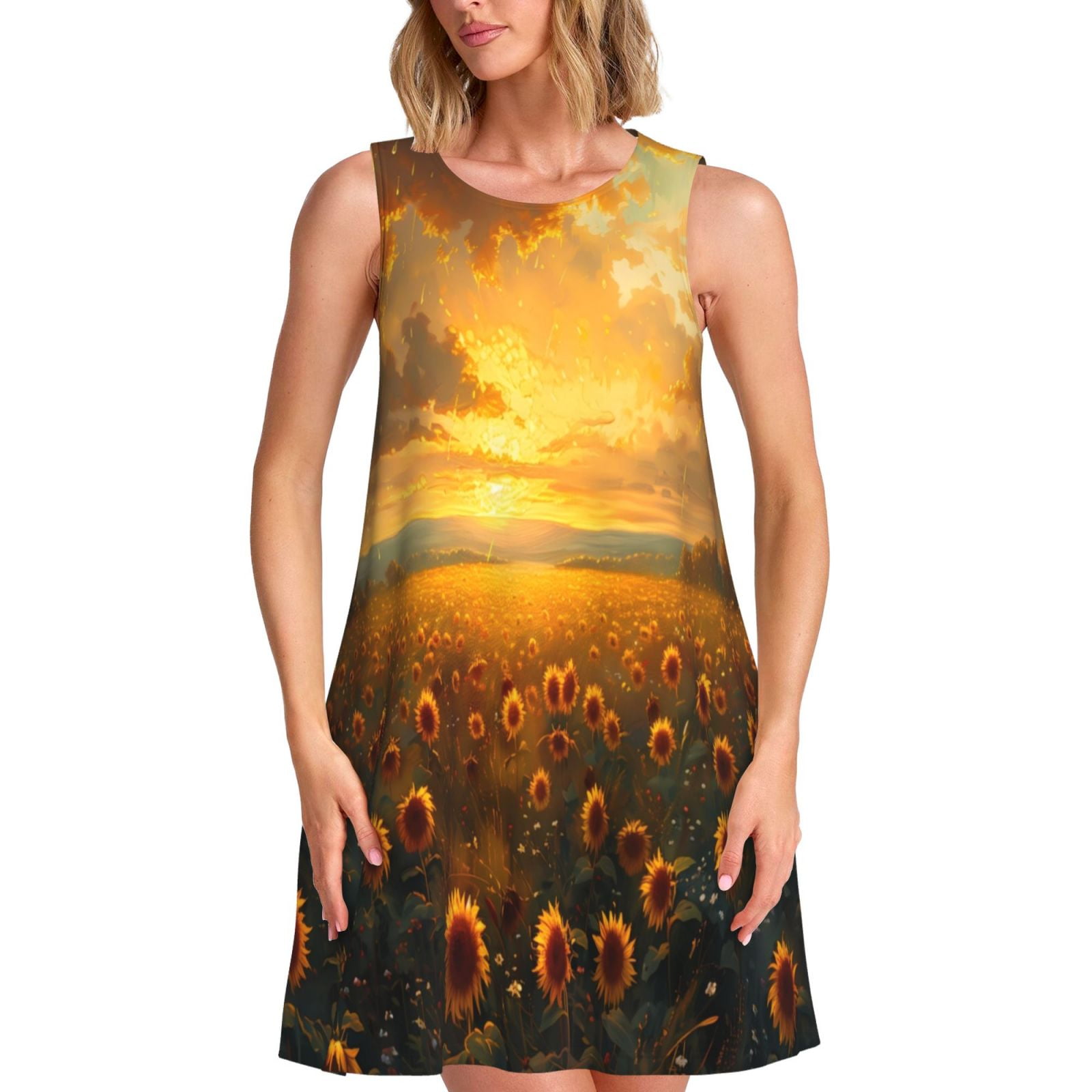 Fotbe Sunflower Sunset Rainfall Pattern Women’s Summer Tank Midi Dress ...