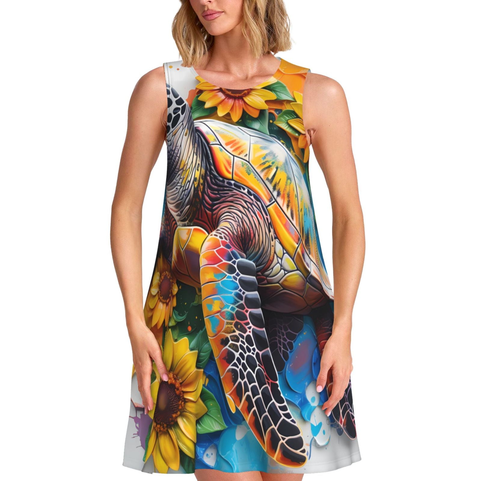 Fotbe Sunflower Turtle Pattern Women’s Summer Tank Midi Dress ...