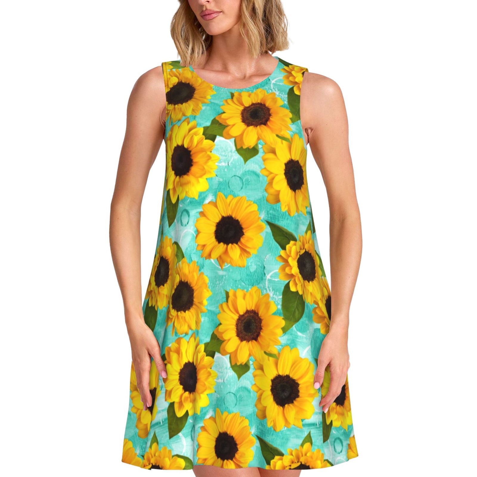 Fotbe Sunflowers With Green Leaves Pattern Women’s Summer Tank Midi ...