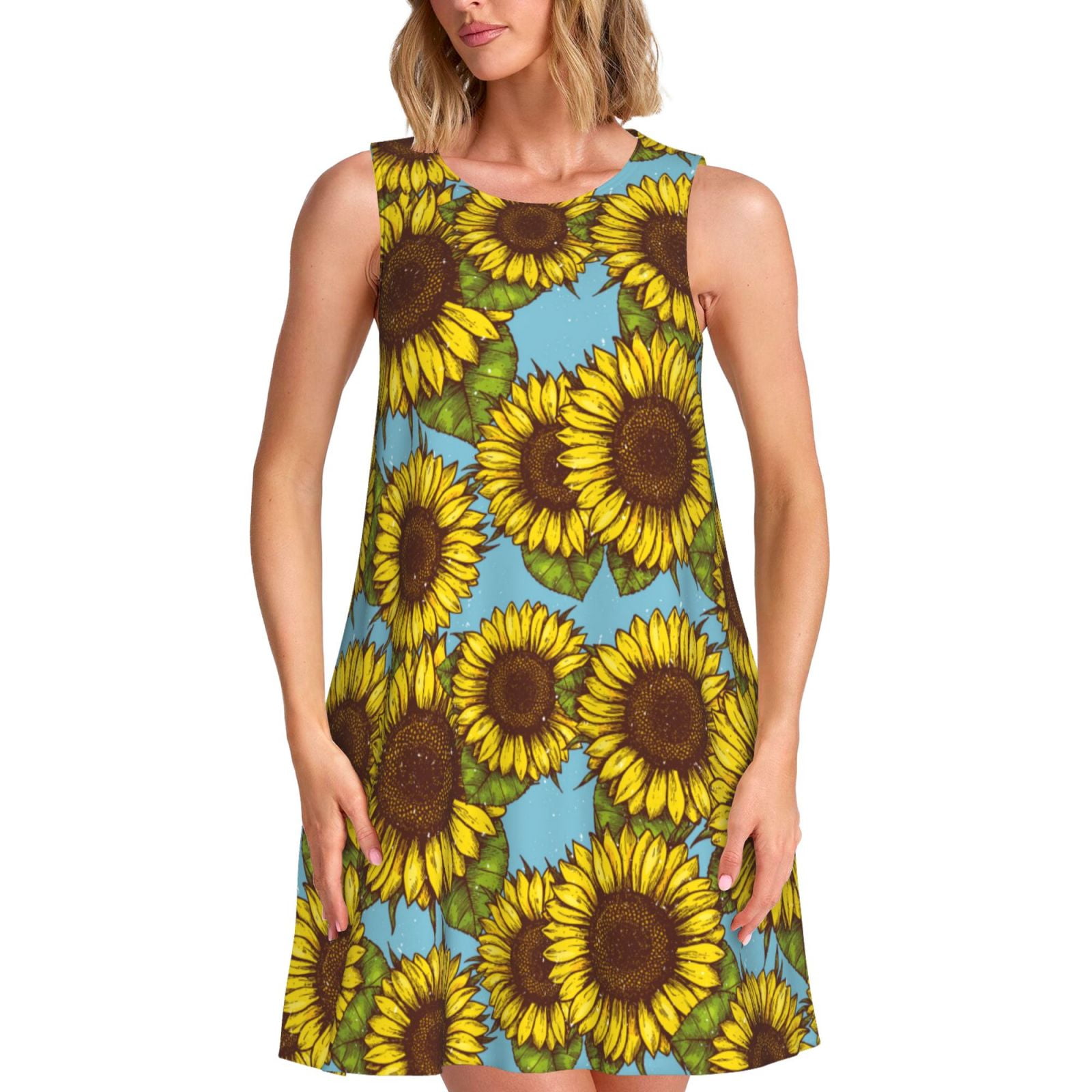 Fotbe Sunflowers Pattern Women’s Summer Tank Midi Dress – Sleeveless A ...