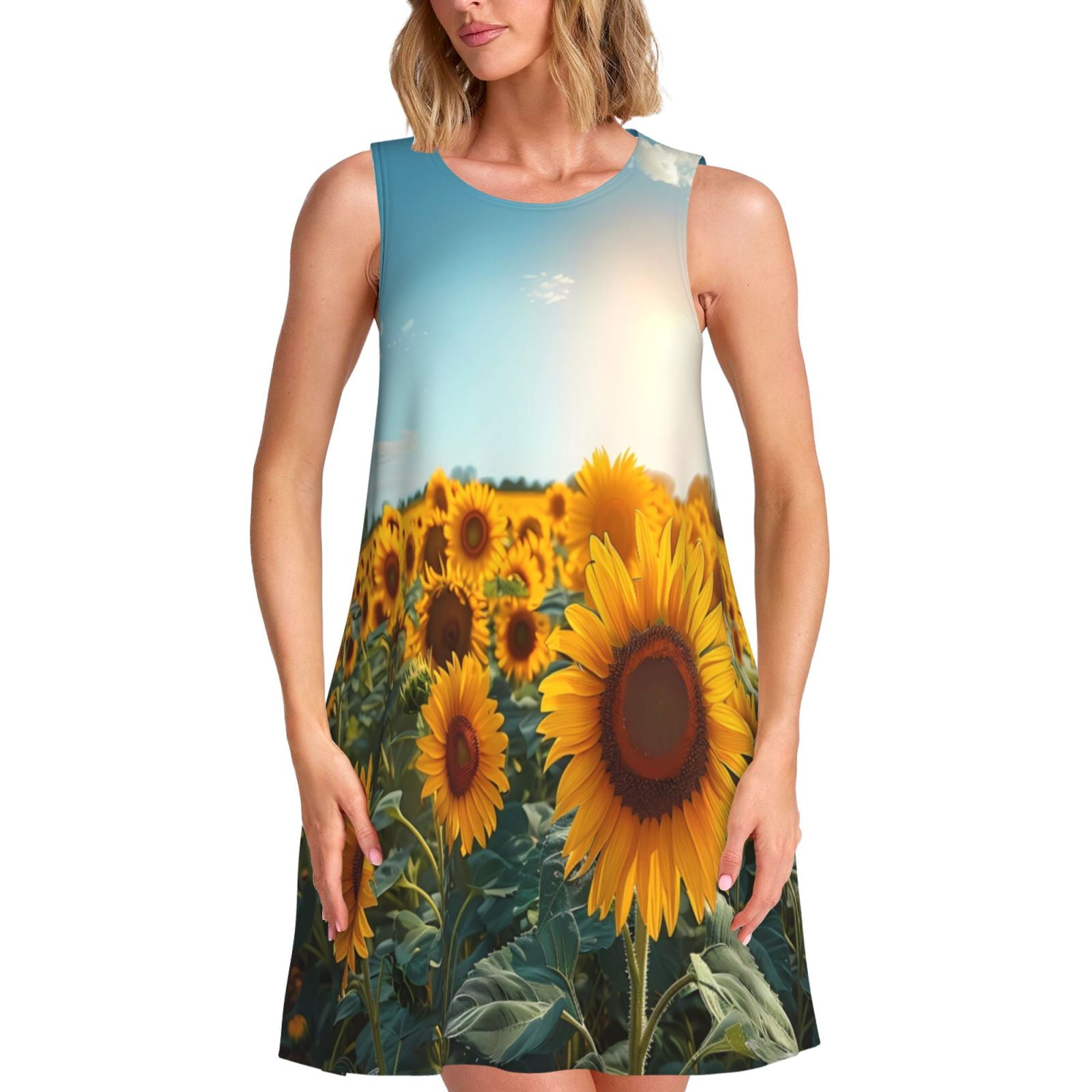 Fotbe Sunlit Sunflower Field Pattern Women’s Summer Tank Midi Dress ...