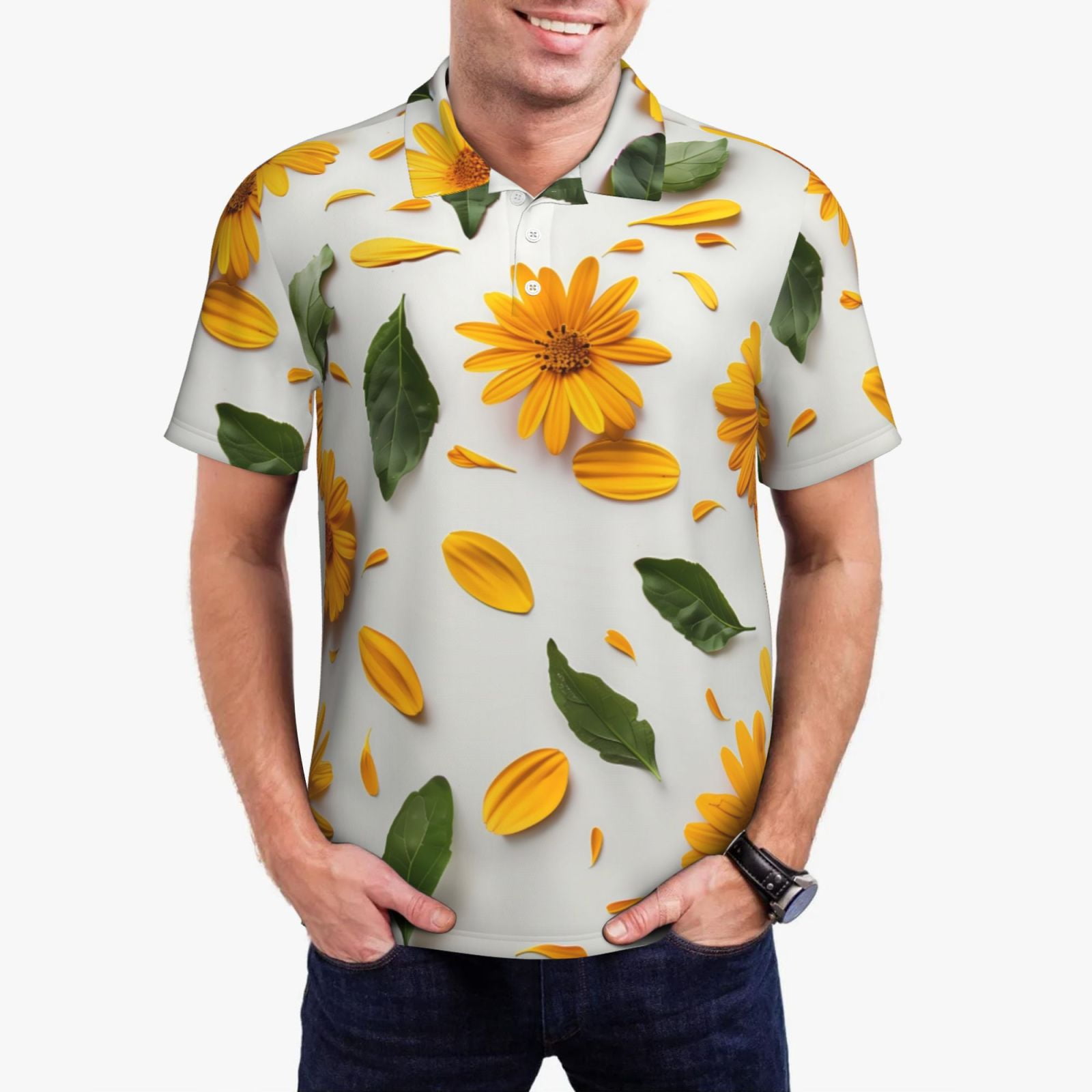 Fotbe Sunny Yellow SunFlower Pattern Men’s Golf Polo Shirt – Breathable ...