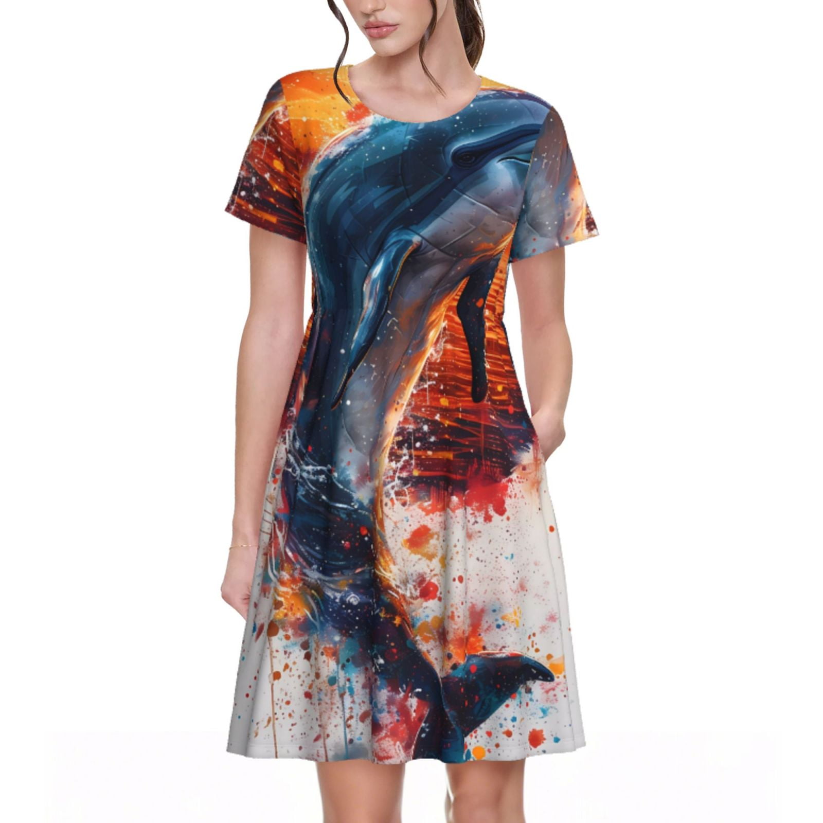 Fotbe Sunset Ocean Watercolor Dolphin Pattern Dress Casual Womens ...