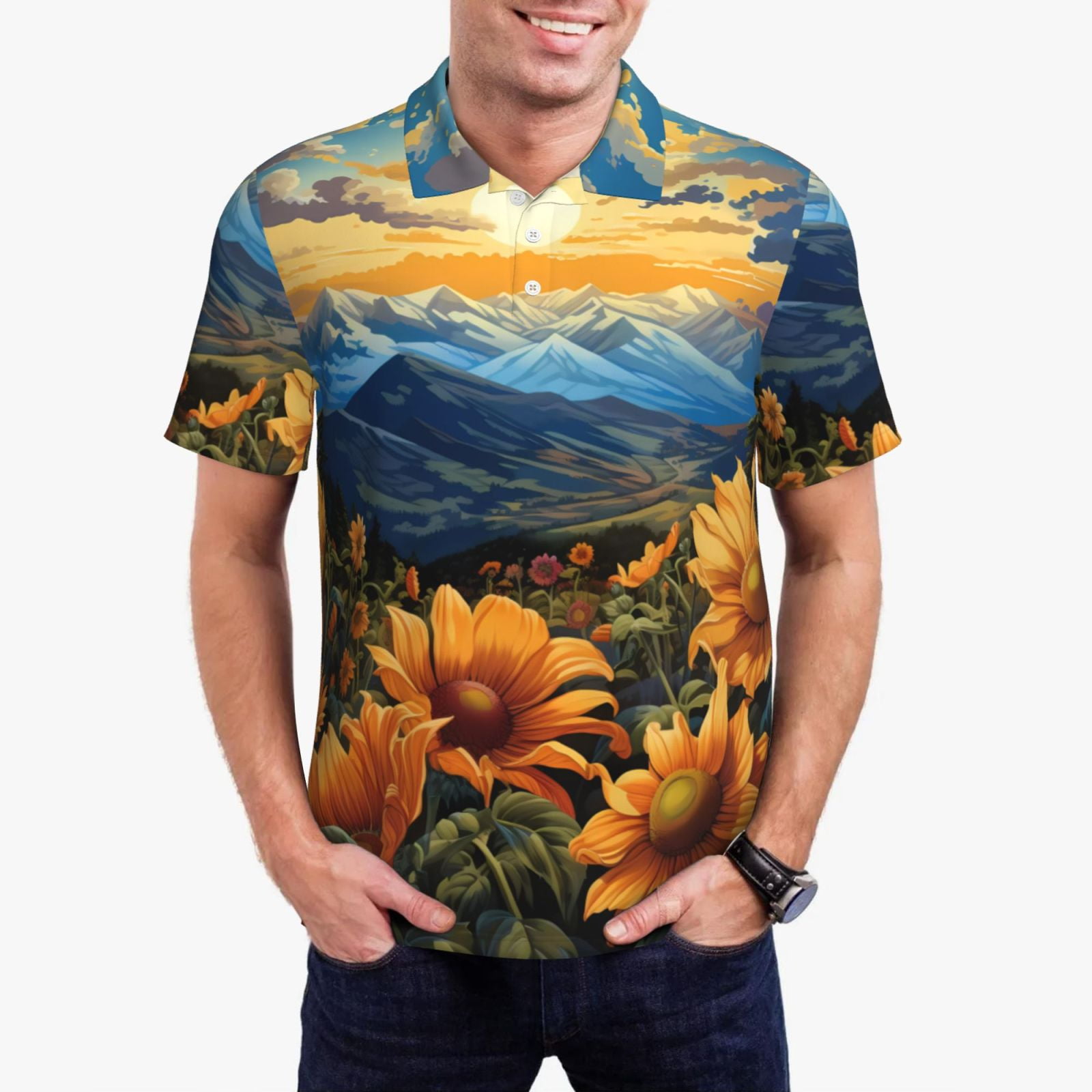Fotbe Sunset Sky Sunflower Pattern Men’s Golf Polo Shirt – Breathable ...