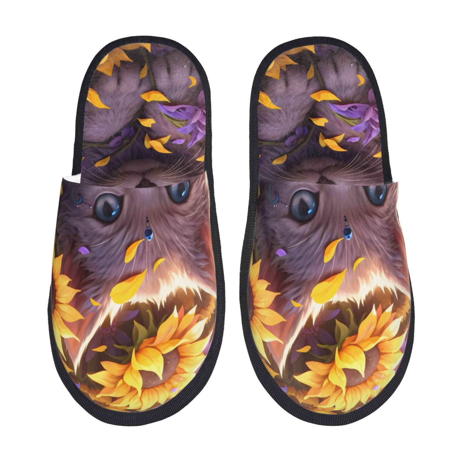 Fotbe Sunshine Cute Cat Sunflower Pattern Women's Fuzzy Slippers Plush ...