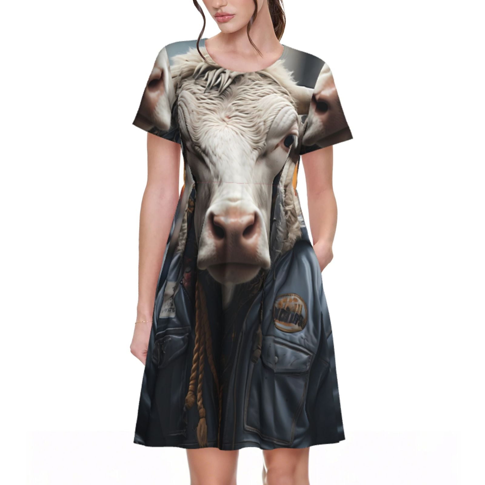 Fotbe Surrealist Cow Pattern Dress Casual Womens Fashion Short Sleeve ...