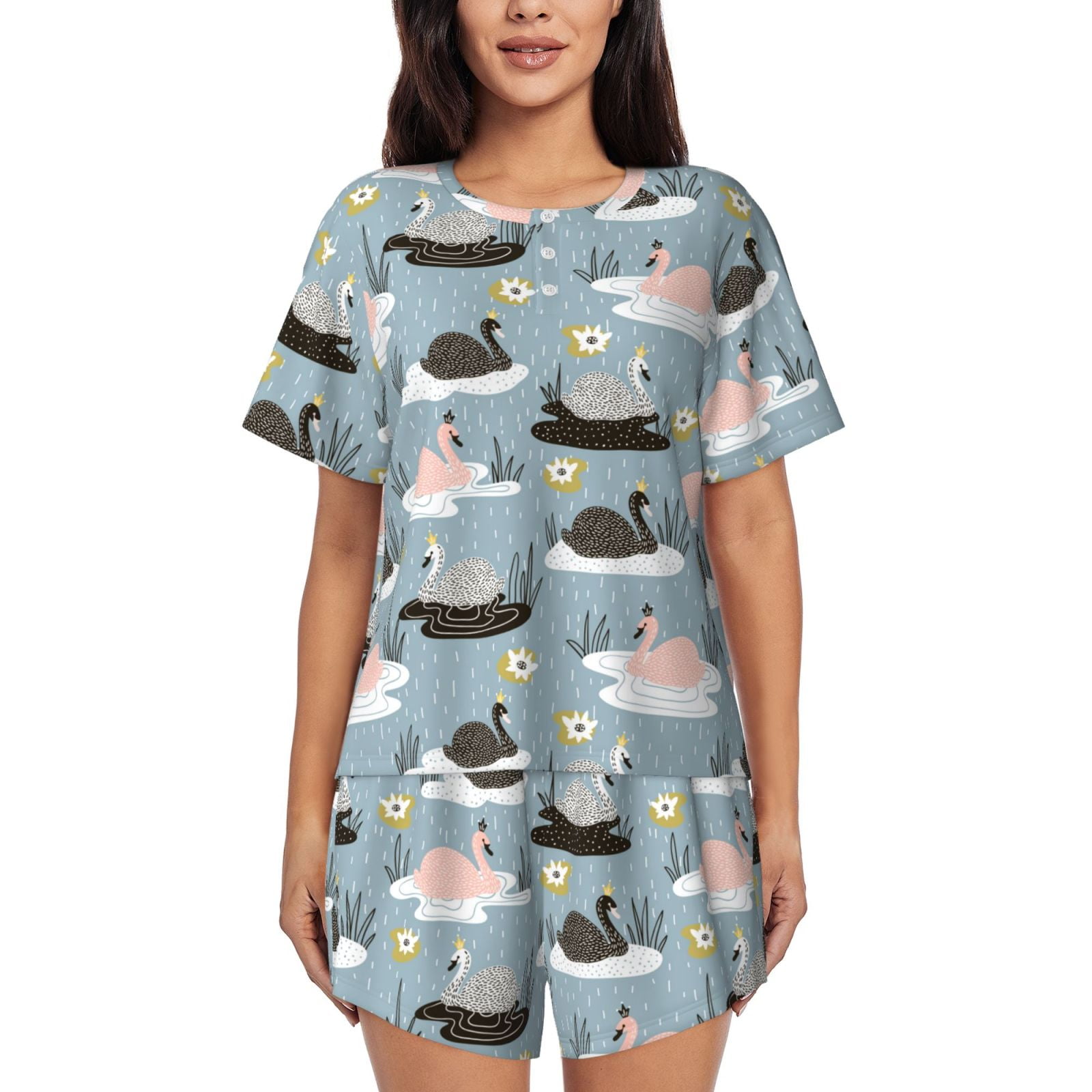 Fotbe Swan Princess On Lake Print Pajama Set for Women 2 Piece ...