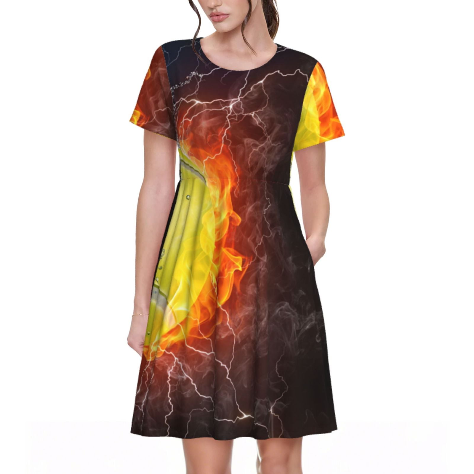 Fotbe Tennis Ball On Fire And Water Pattern Dress Casual Womens Fashion ...