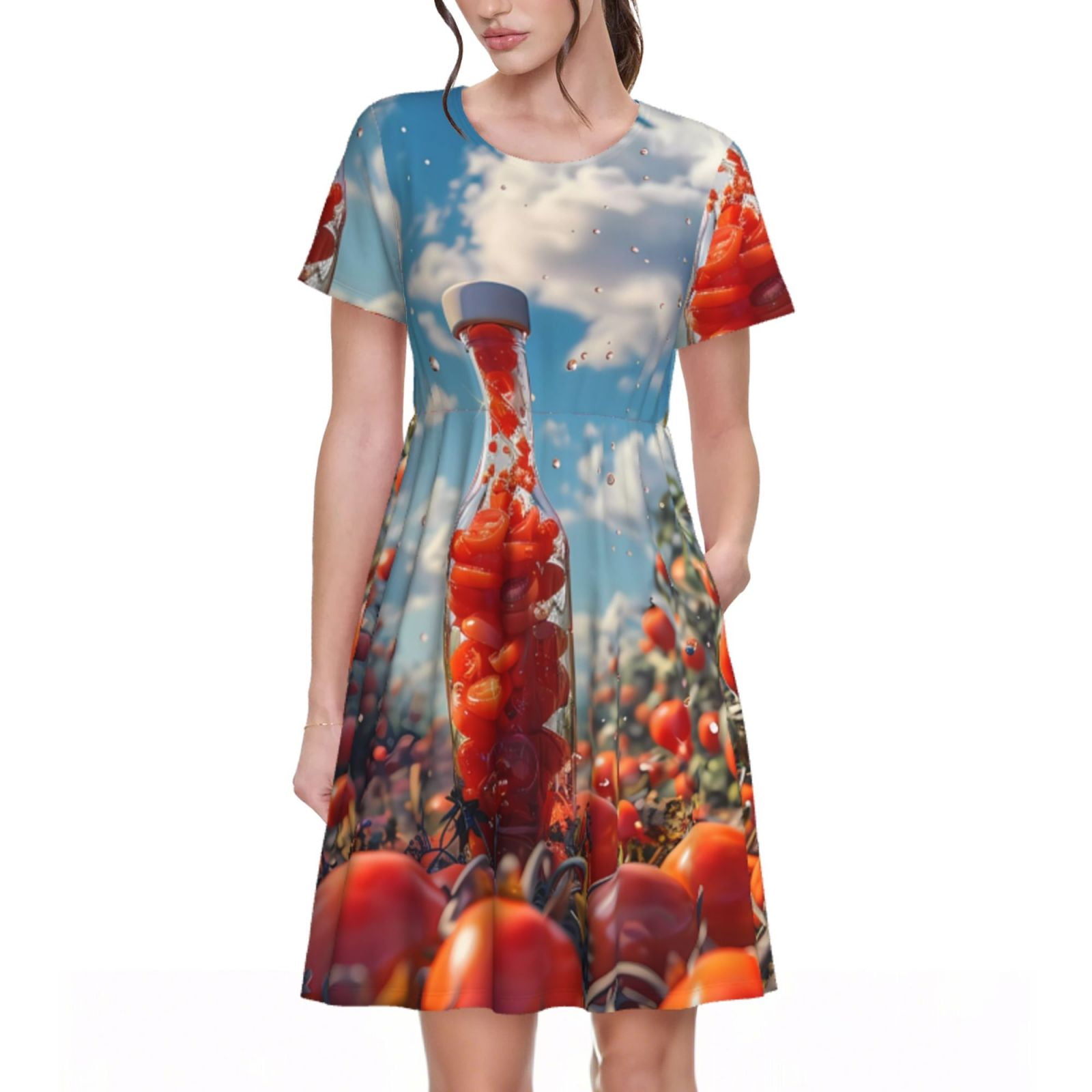 Fotbe Tomato Field Bottle Pattern Dress Casual Womens Fashion Short ...