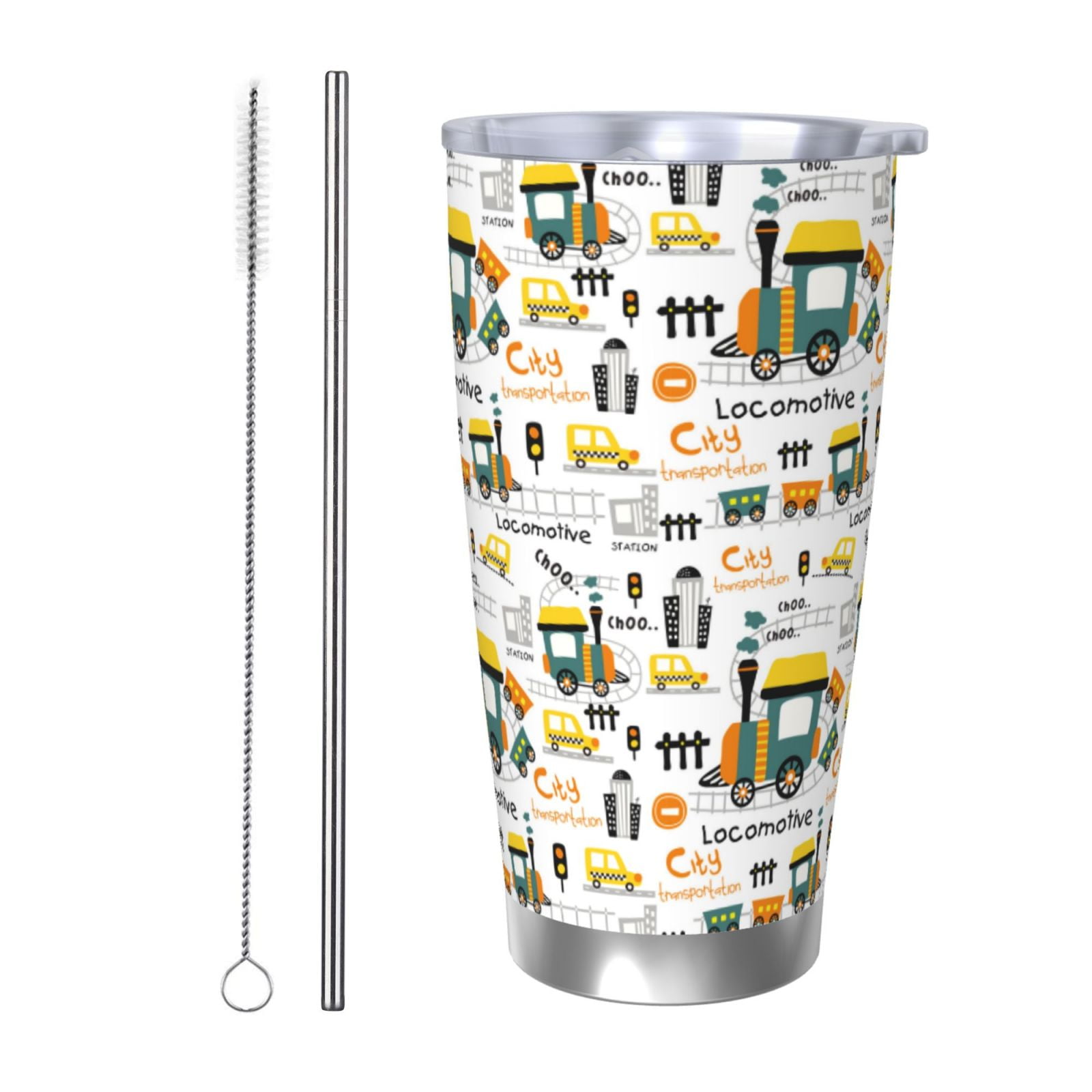 Fotbe Transportation Cartoon Pattern 20 oz Tumbler Stainless Steel Vacuum Insulated Coffee Ice ...