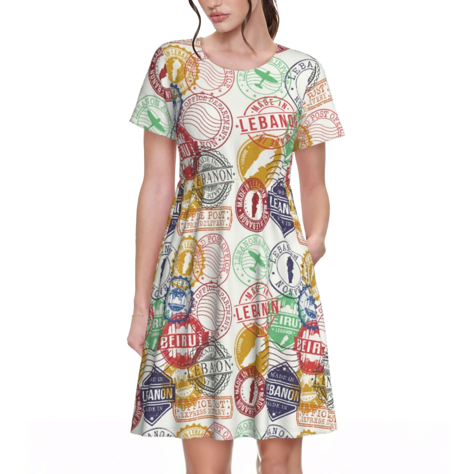 Fotbe Travel Stamp Pattern Dress Casual Womens Fashion Short Sleeve ...