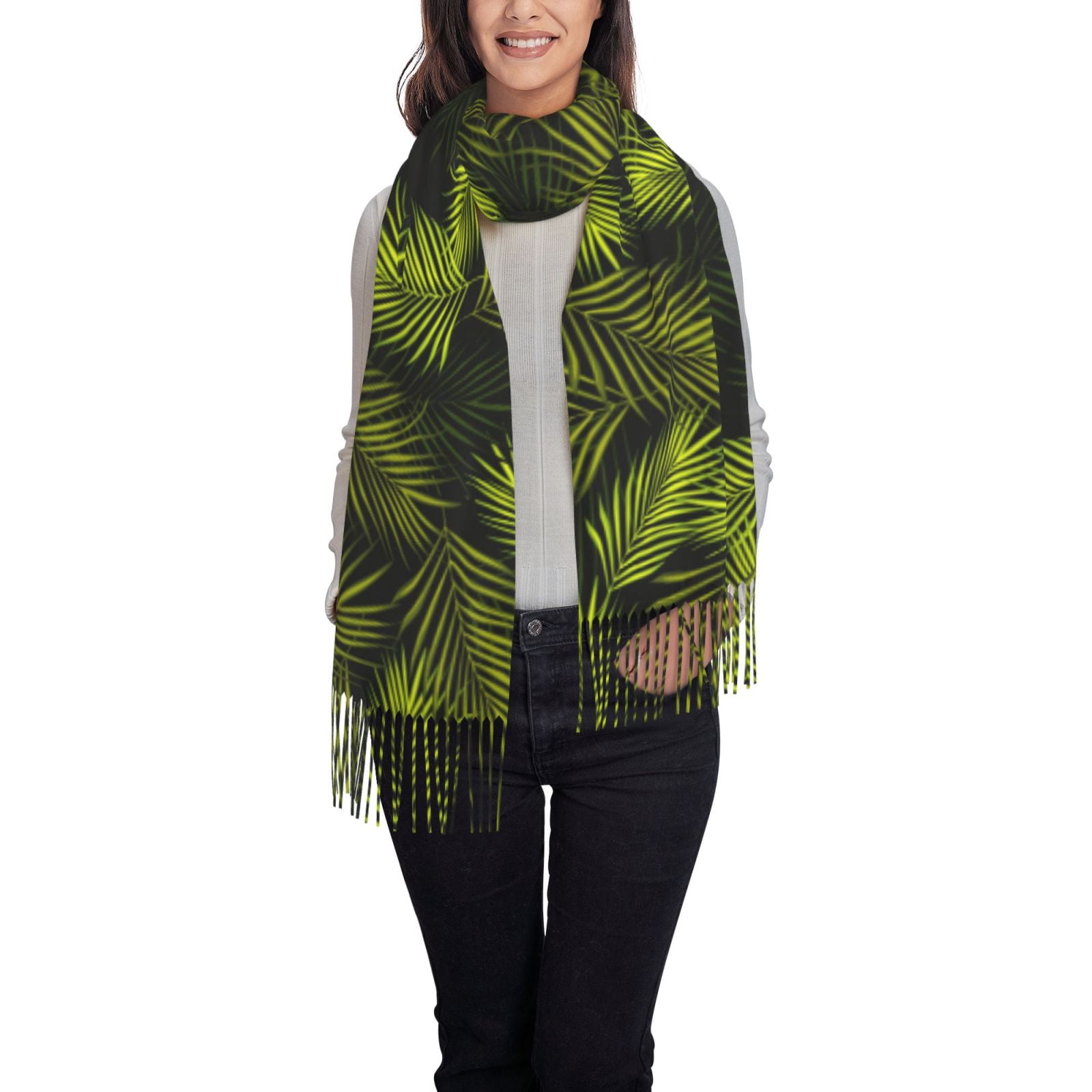 Fotbe Tropical Palm Leaves Fern Leaf Print Womens Fall Winter Scarf Tassel Soft Warm Blanket ...