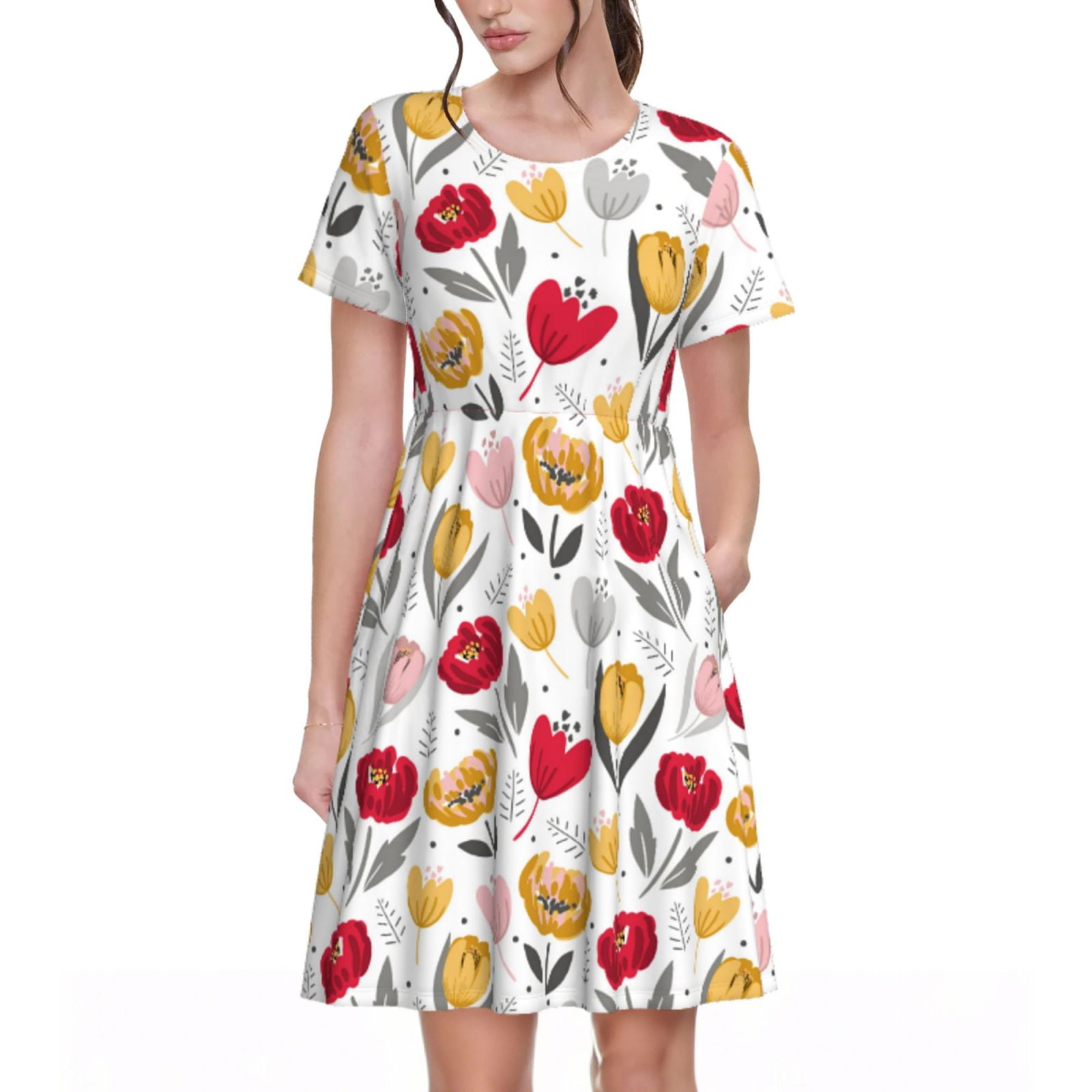 Fotbe Tulips Flowers Pattern Dress Casual Womens Fashion Short Sleeve ...