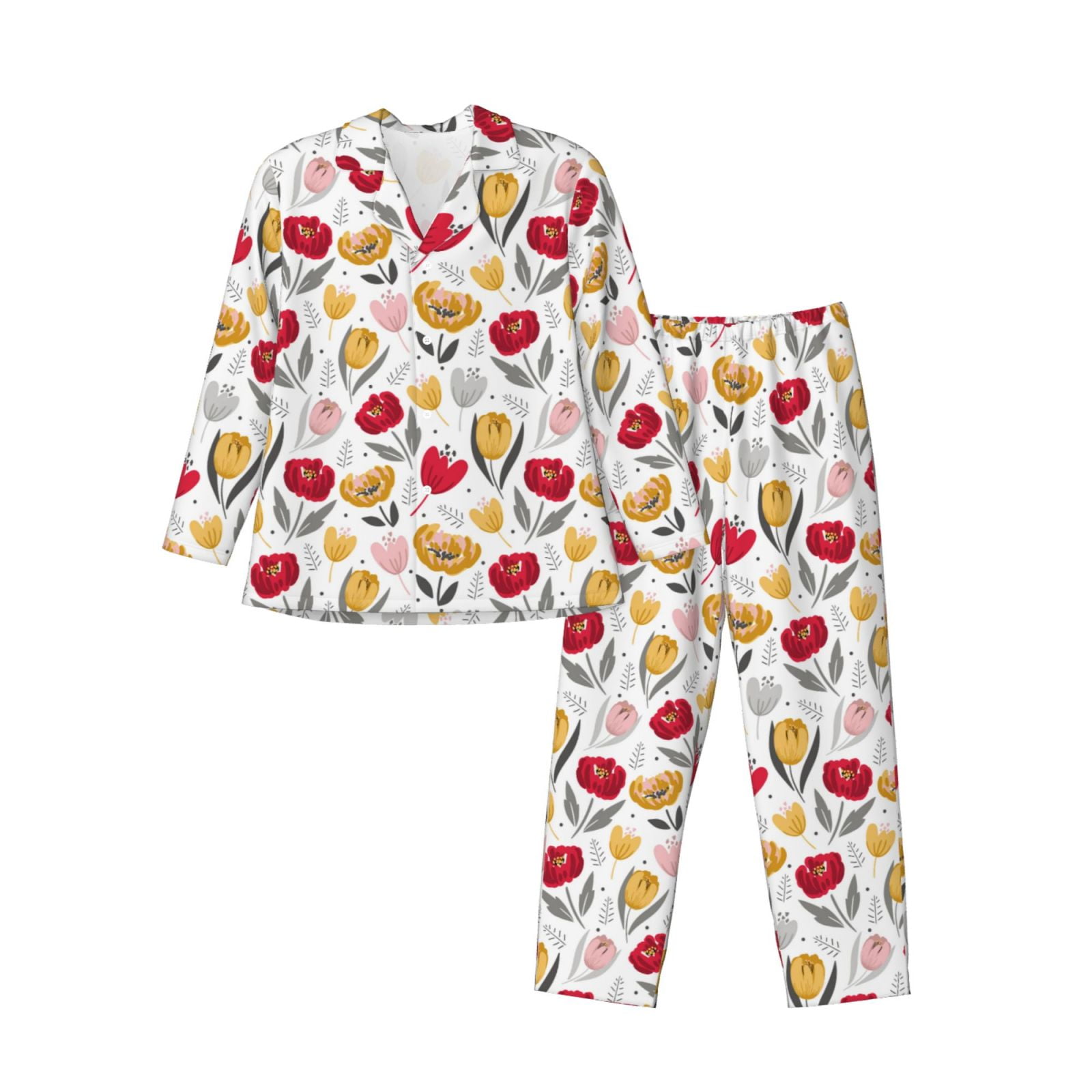 Fotbe Tulips Flowers Pattern Long Sleeve Pajama Set for Men,Sleepwear ...