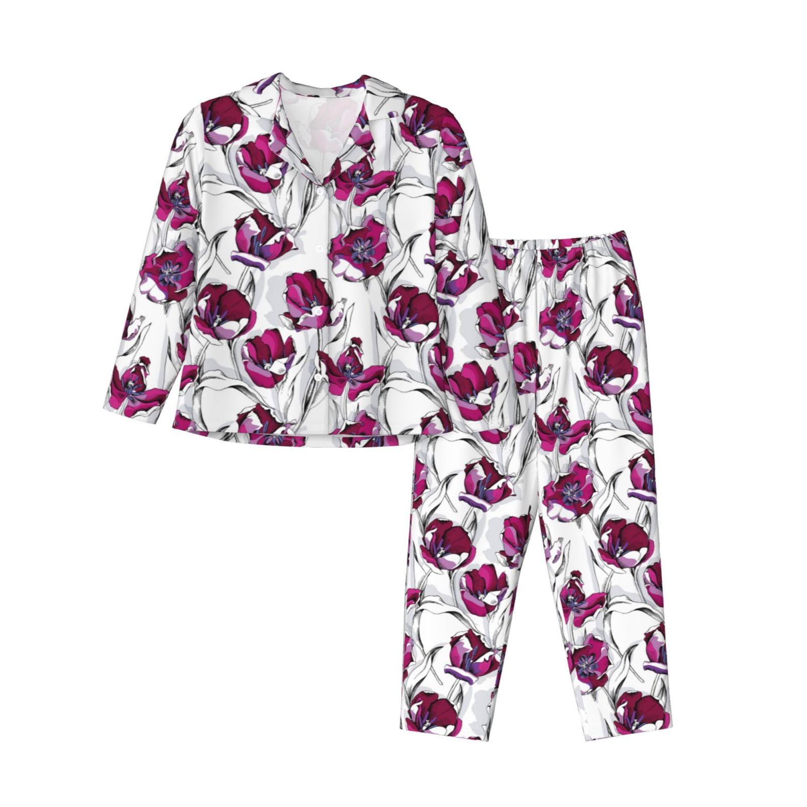 Fotbe Tulips Flowers Pattern Long Sleeve Pajama Set for Women,Sleepwear ...