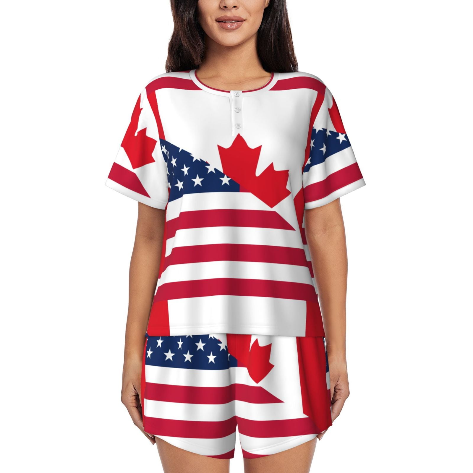 Fotbe USA Canada Flag Print Pajama Set for Women 2 Piece Loungewear ...