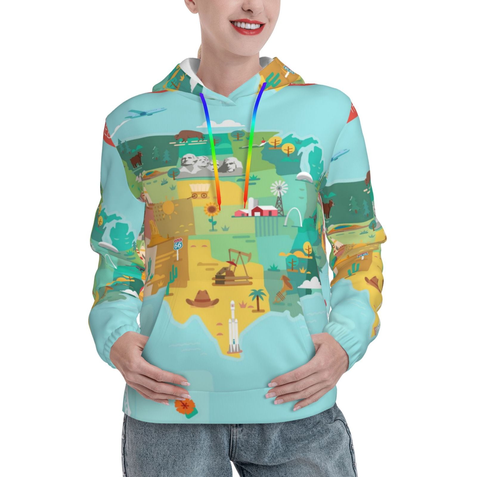 Fotbe USA Tourist Map Pattern Womens Long Sleeve Hoodie, Pullover ...