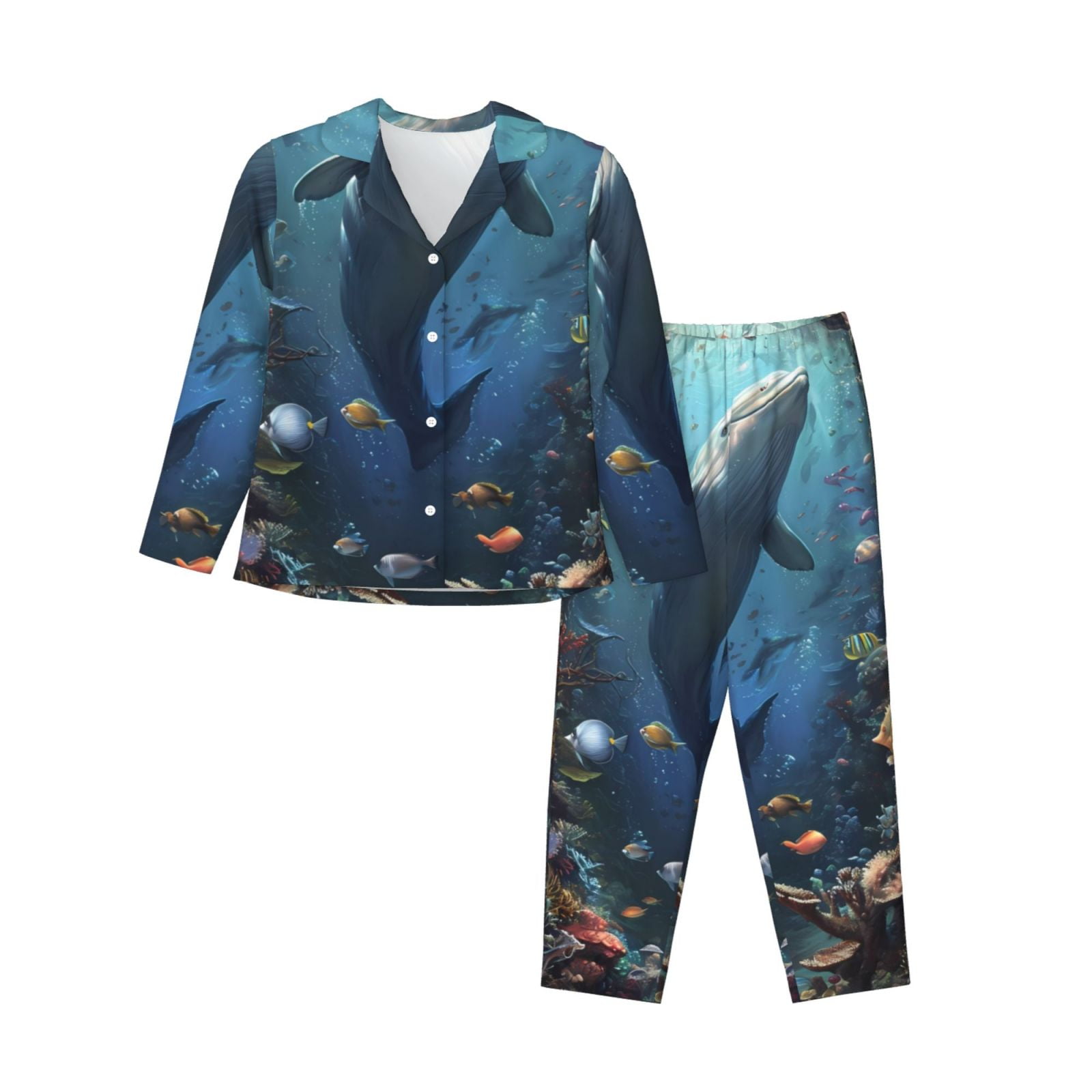 Fotbe Underwater Dolphin Pattern Long Sleeve Pajama Set for Women ...