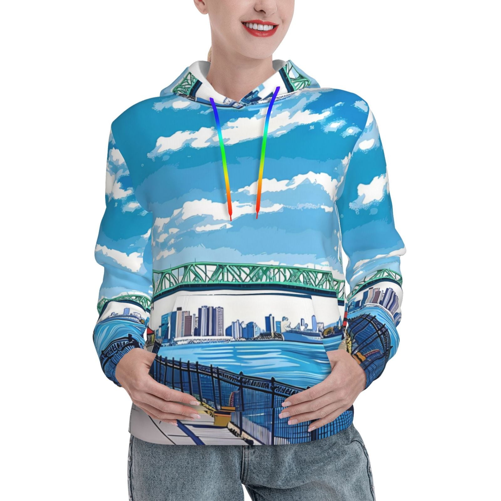 Fotbe Urban Riverside Clock Tower Pattern Womens Long Sleeve Hoodie ...