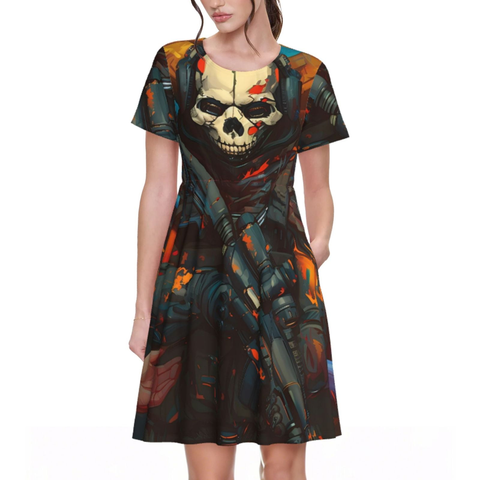 Fotbe Vibrant Skull Soldier Pattern Dress Casual Womens Fashion Short ...
