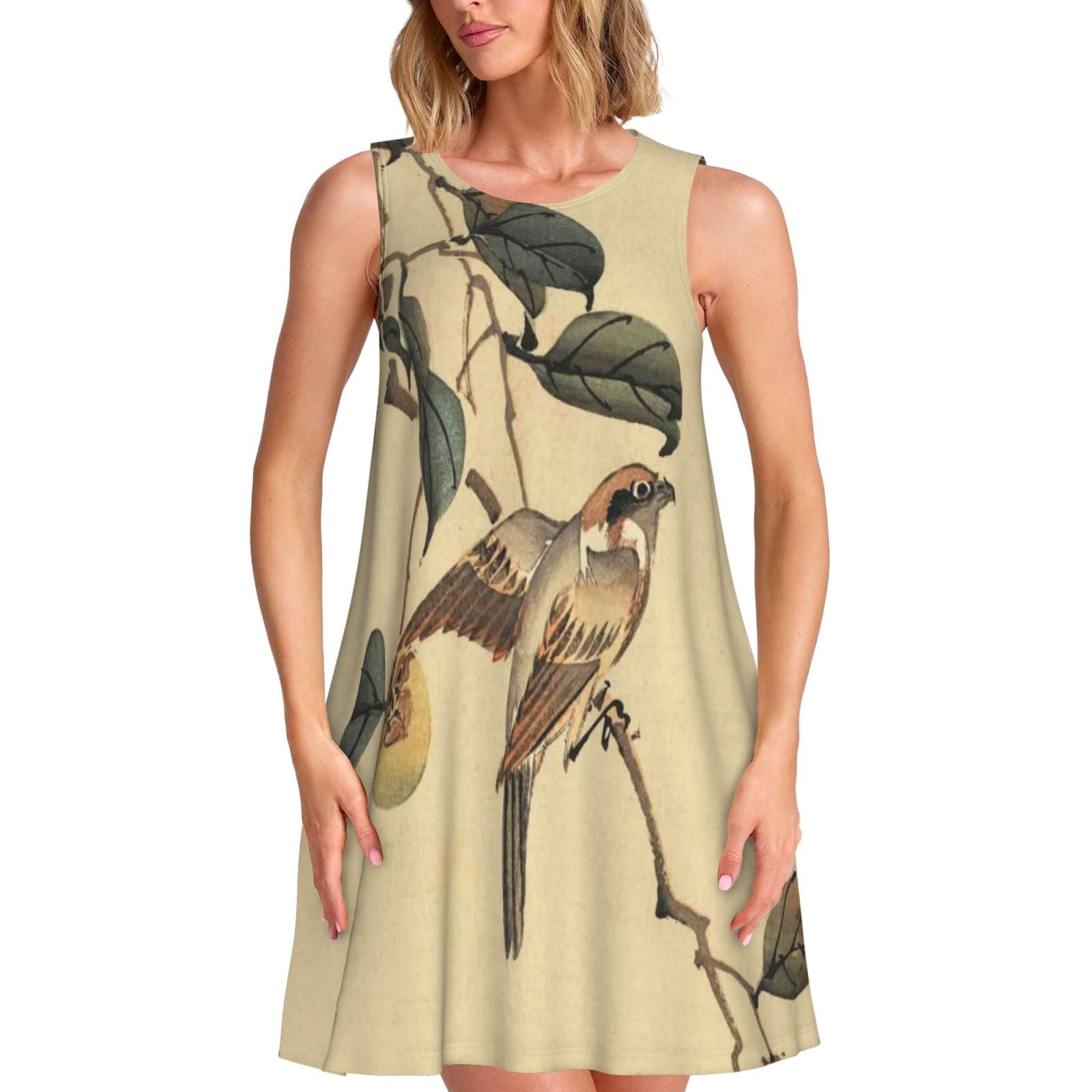 Fotbe Vintage Bird Pattern Women’s Summer Tank Midi Dress – Sleeveless ...