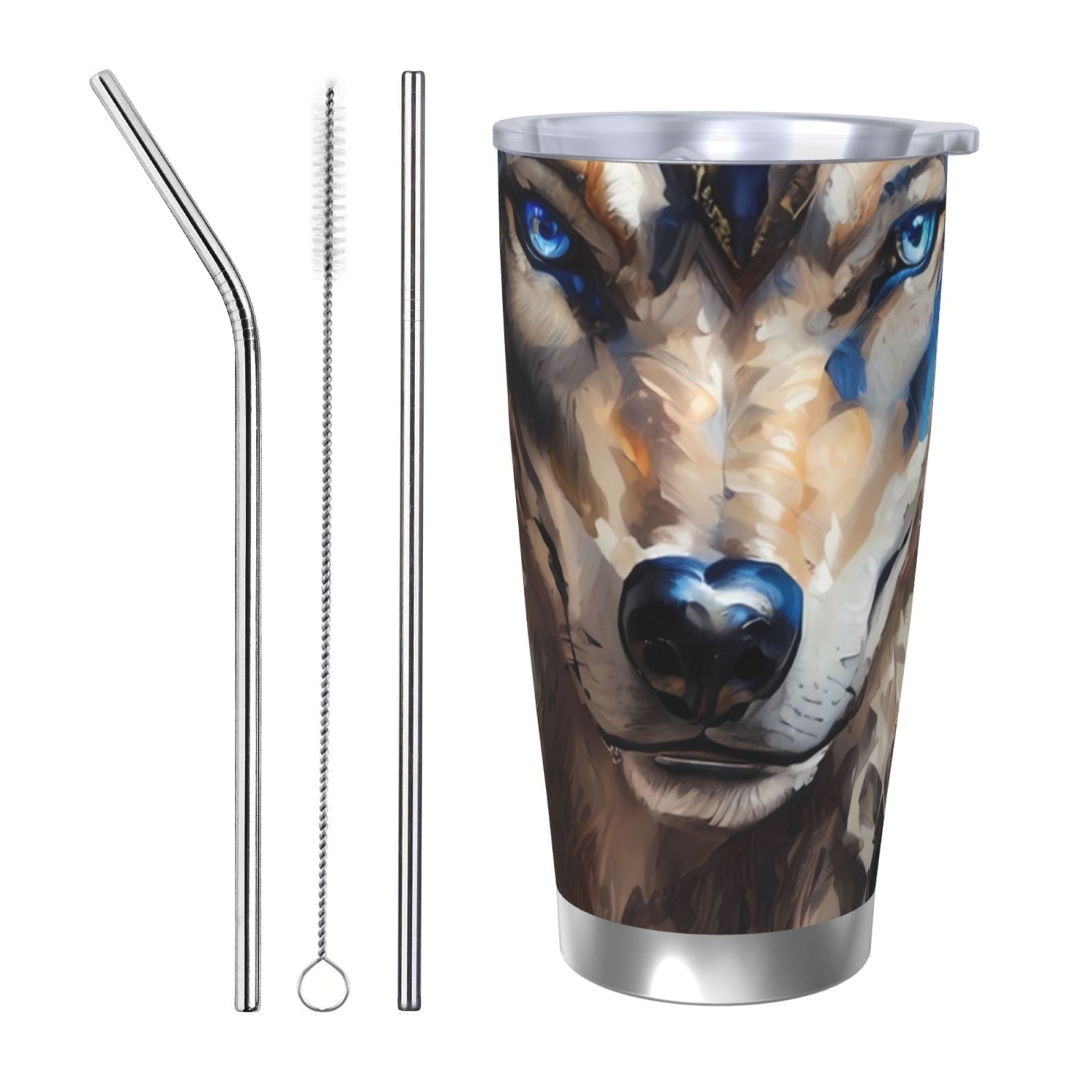Fotbe Vintage Blue Floral Wolf Pattern 20 oz Tumbler Stainless Steel ...