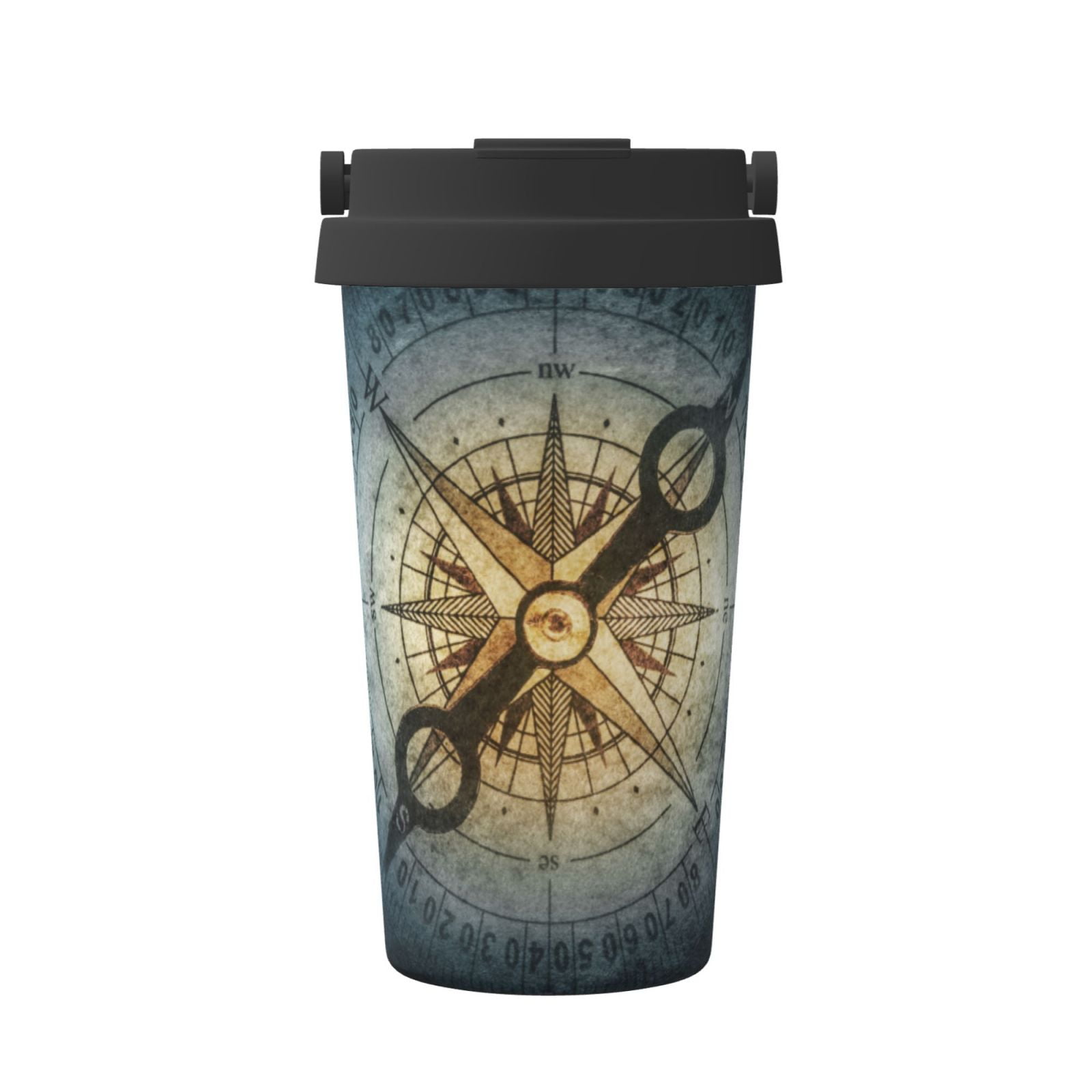 Fotbe Vintage Compass Printed Insulated Travel Coffee Mug Spill Proof ...