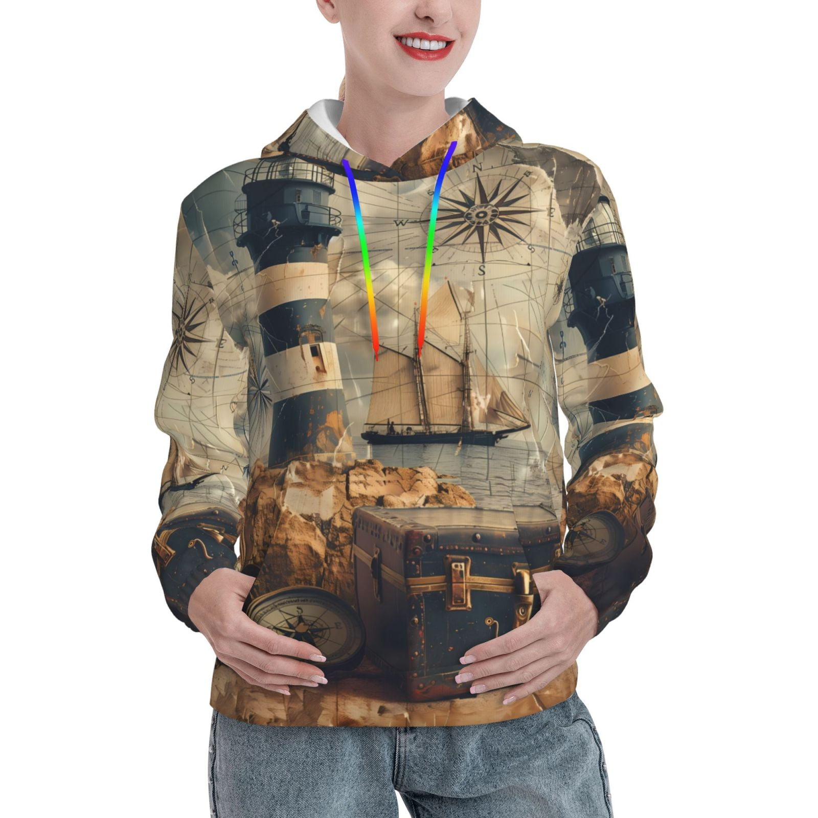 Fotbe Vintage Nautical Lighthouse Pattern Womens Long Sleeve Hoodie ...