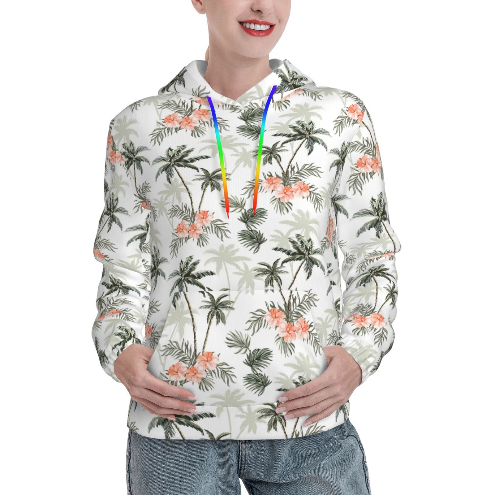 Fotbe Vintage Palm Trees Pattern Womens Long Sleeve Hoodie, Pullover Hooded Sweatshirt, Kangaroo ...